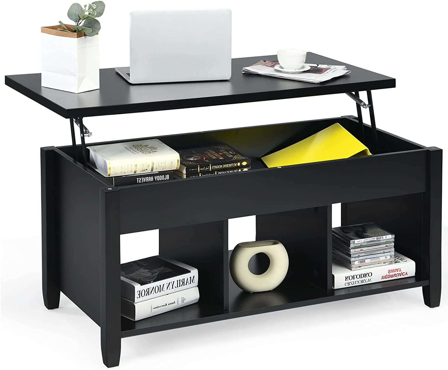 Lift Top Coffee Table, with Hidden Storage Compartment & 3 Open Shelves ...