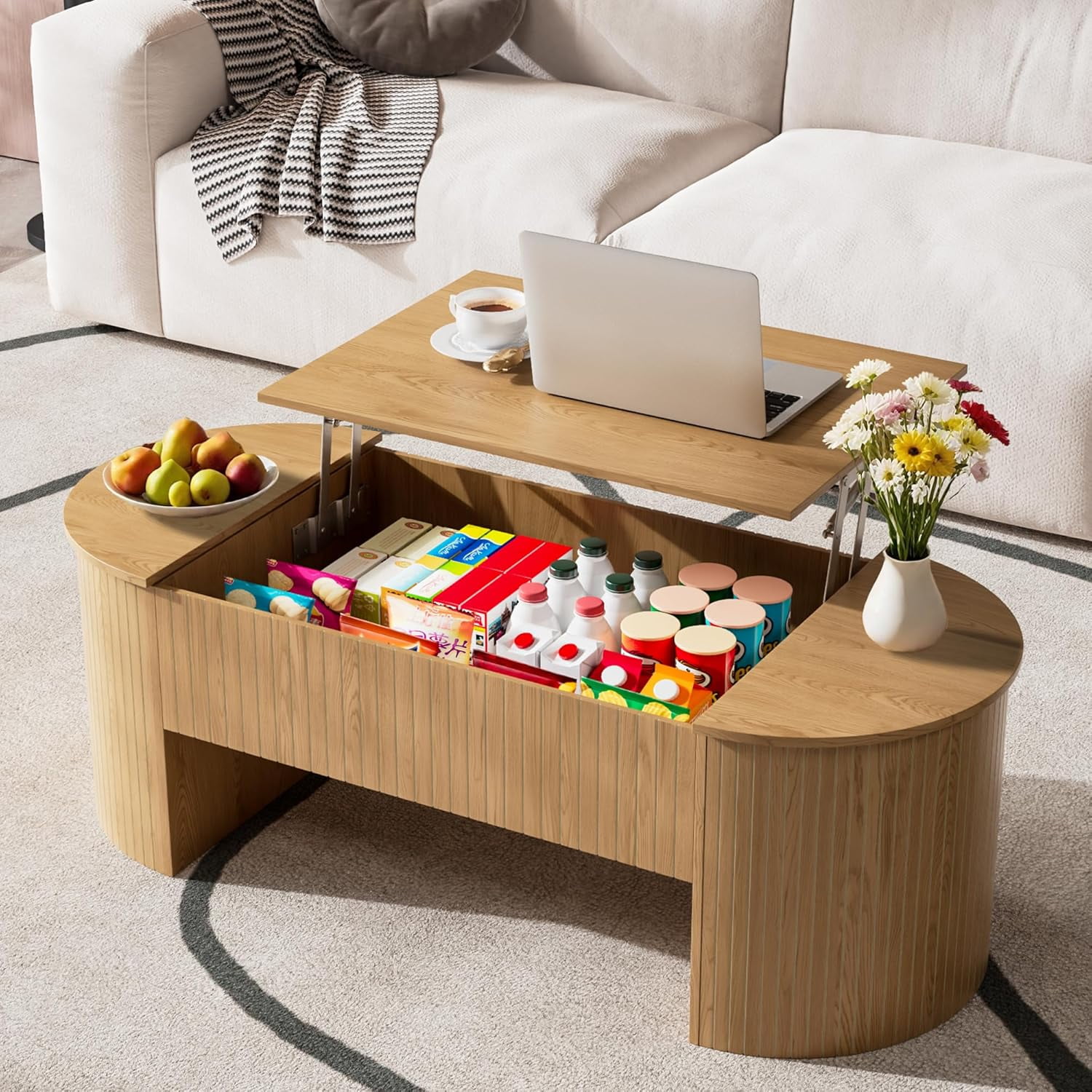 Lift Top Coffee Table with Hidden Storage Compartment, Oval Wooden ...