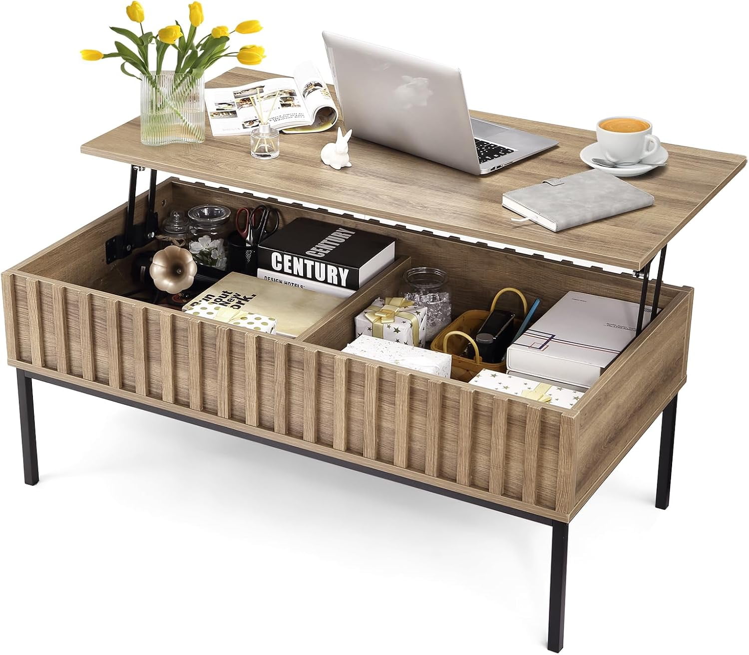 Lift-Top Coffee Table with Hidden Storage & Metal Frame & Oak Wood ...