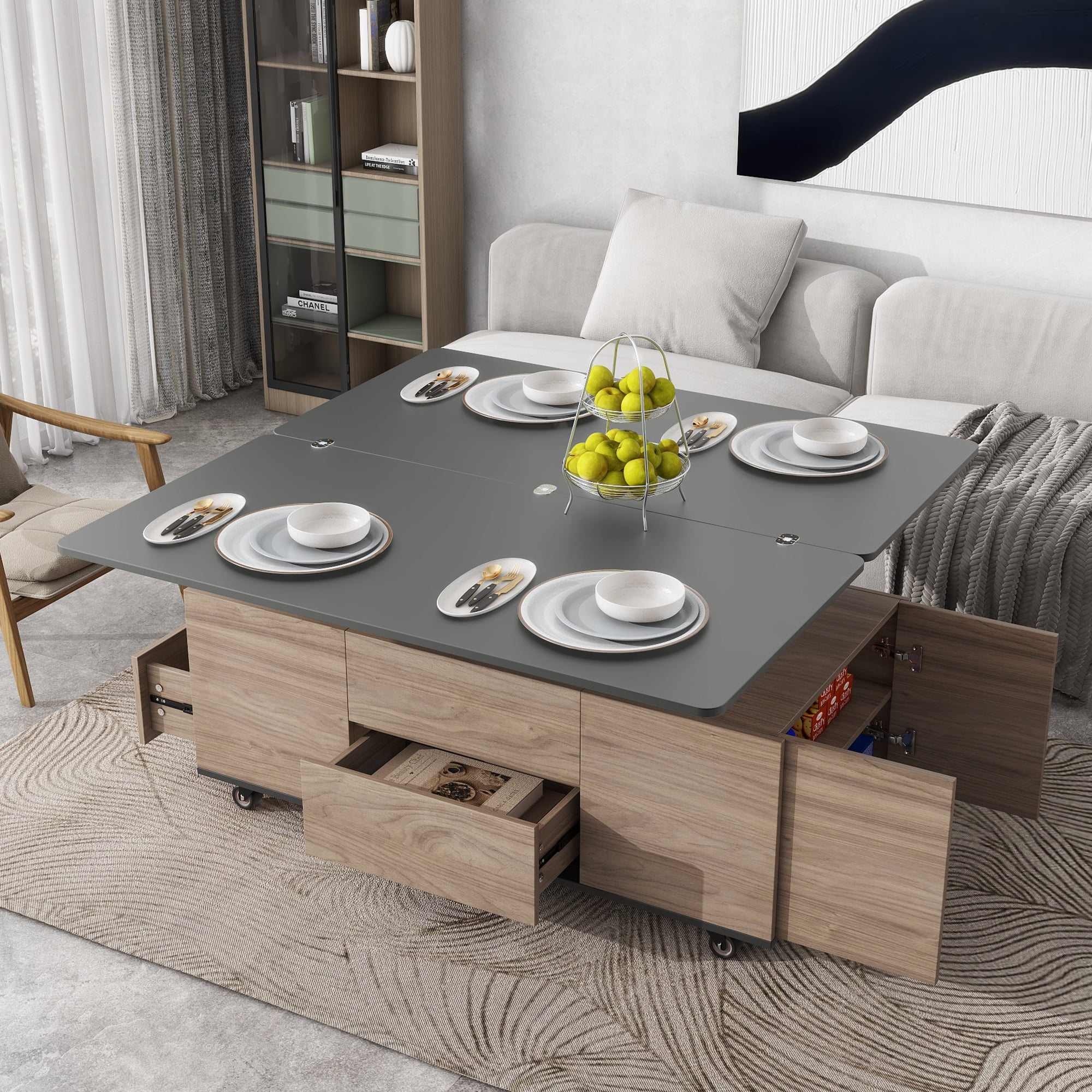 Convertible Walnut Wood Lift-Top Coffee Table with 3 Drawers, Storage ...