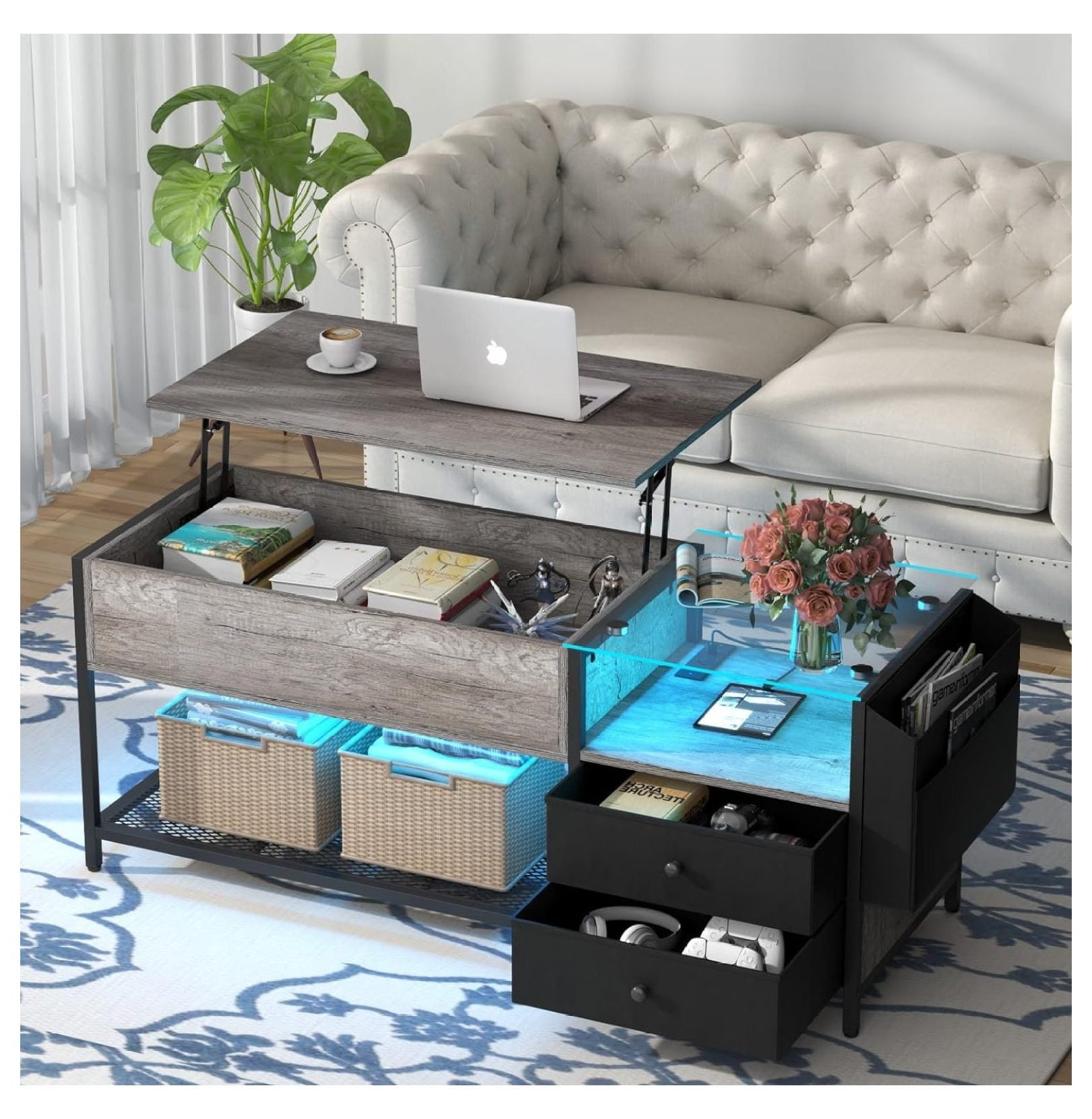 Lift Top Coffee Table with LED Light & Power Outlet, Coffee Tables with ...
