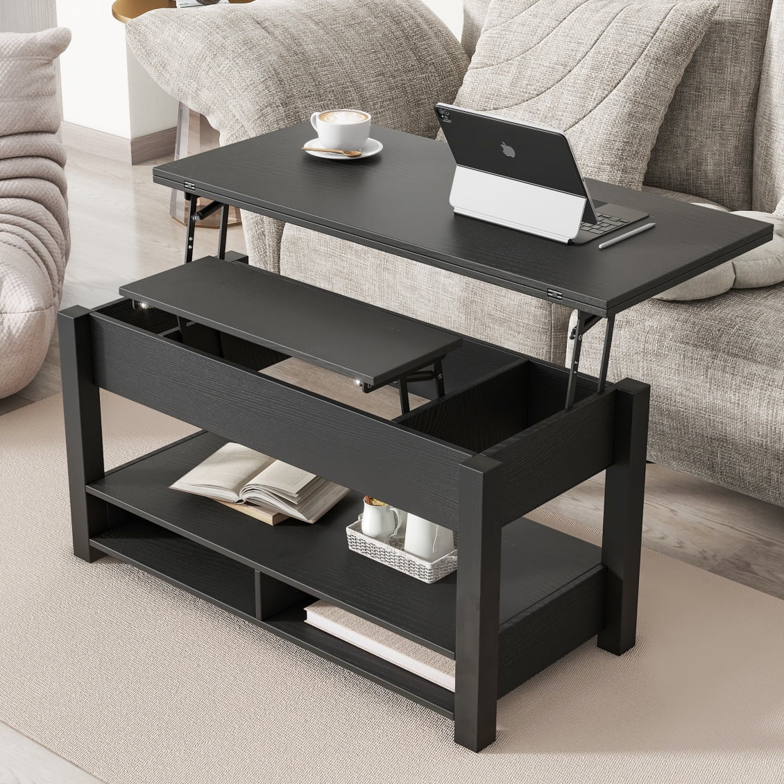 Lift Top Coffee Table with Legs, Rising Center Table w/Hidden ...