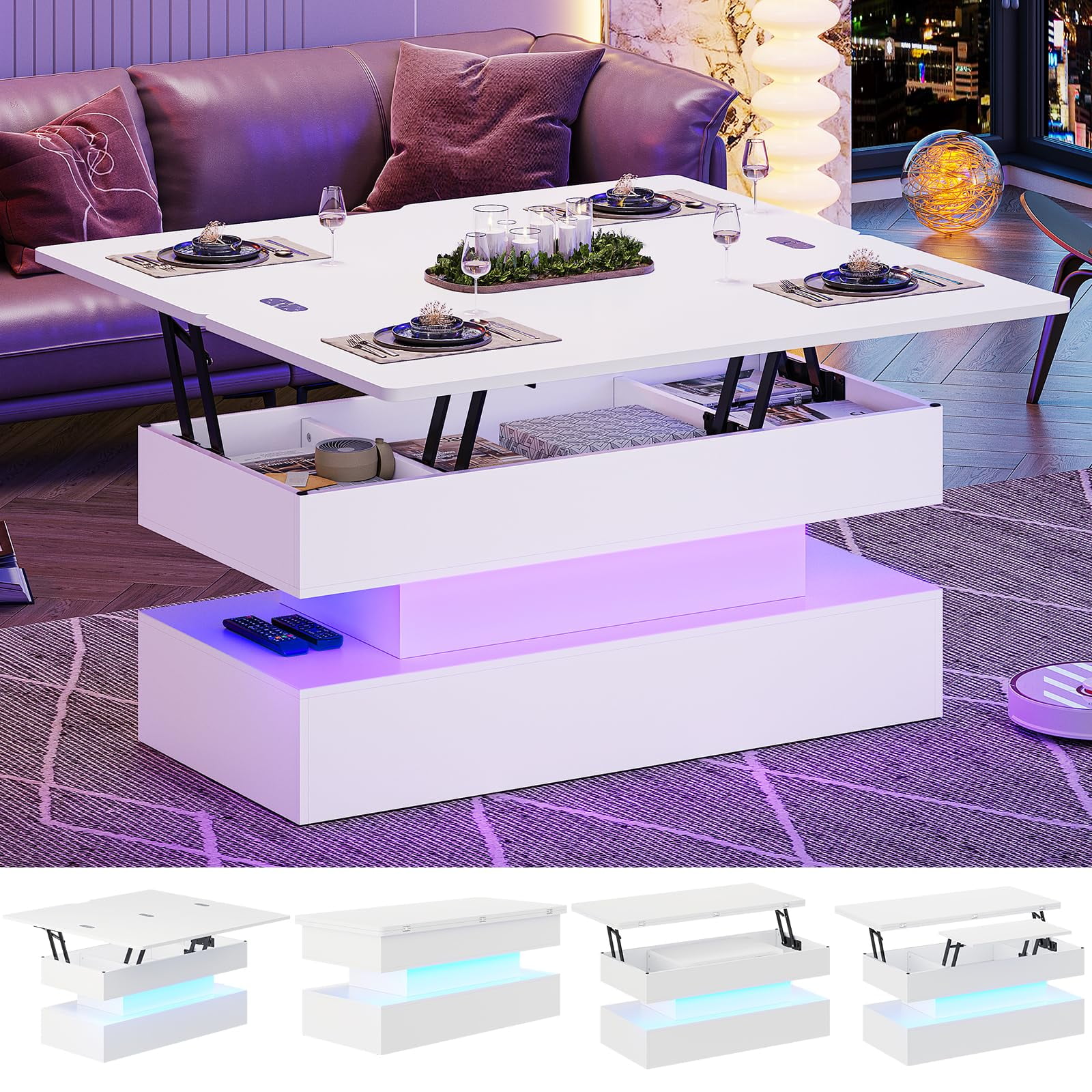 Lift Top Coffee Table, Modern 4 in 1 Center Tables with LED Light and ...
