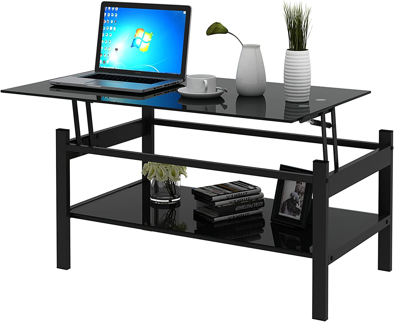 Lift Top Coffee Table, Modern Black Glass Coffee Tables for Living Room ...