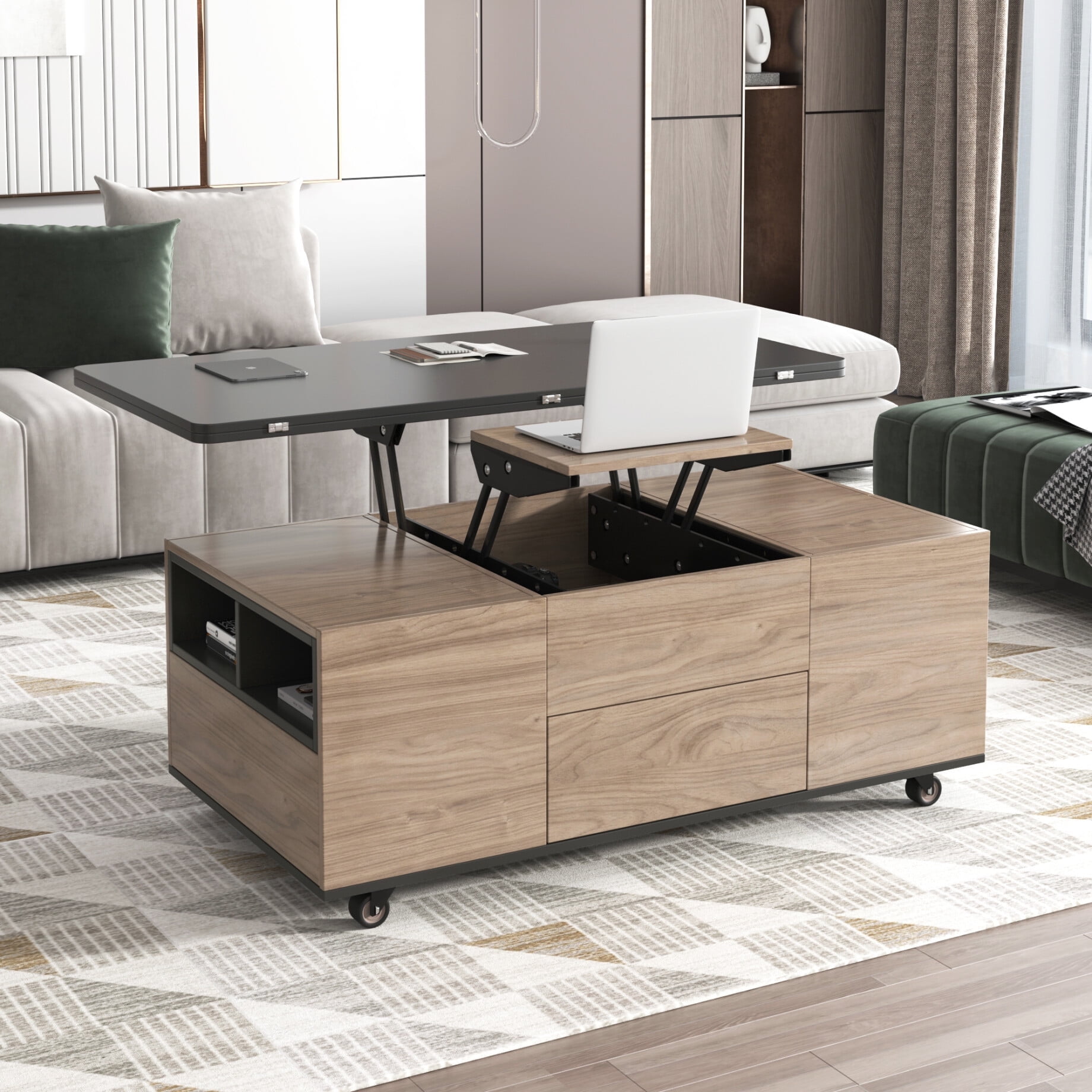 Lift Top Coffee Table Multifunctional Table with Drawers, Lockable ...