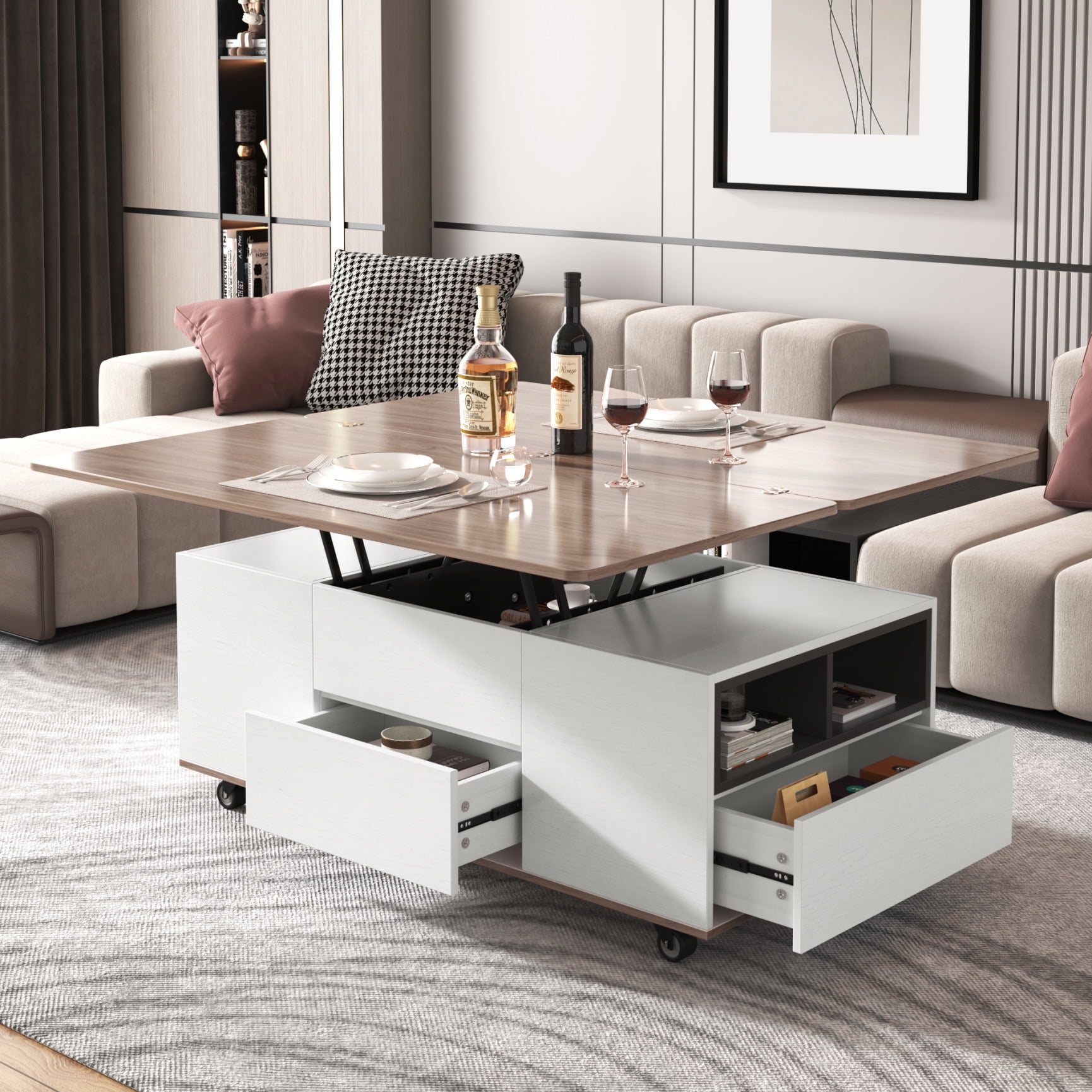 Lift Top Coffee Table Multifunctional Table with Drawers, Lockable ...