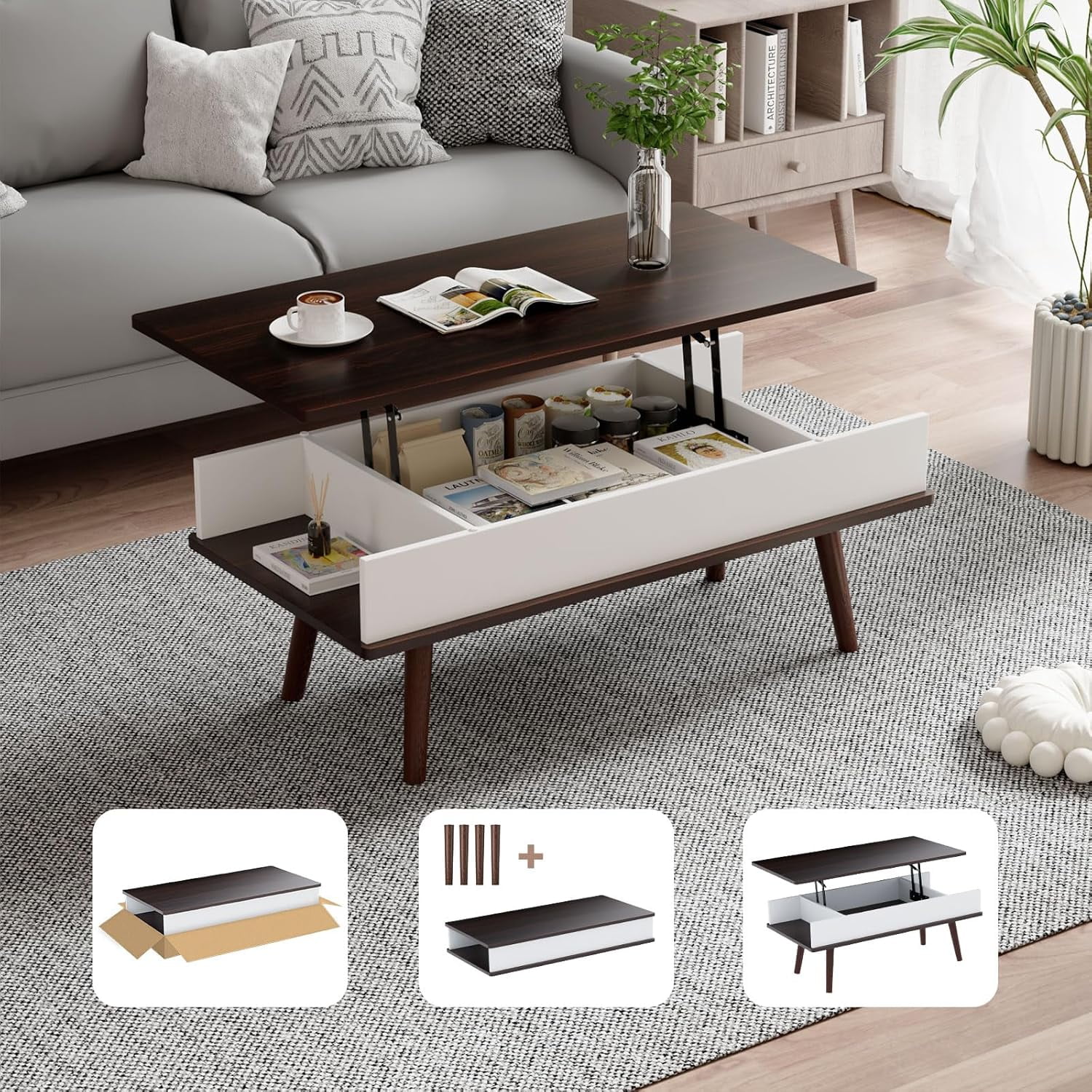 Lift Top Coffee Table, One Minute No Assembly Required Rising Tabletop ...