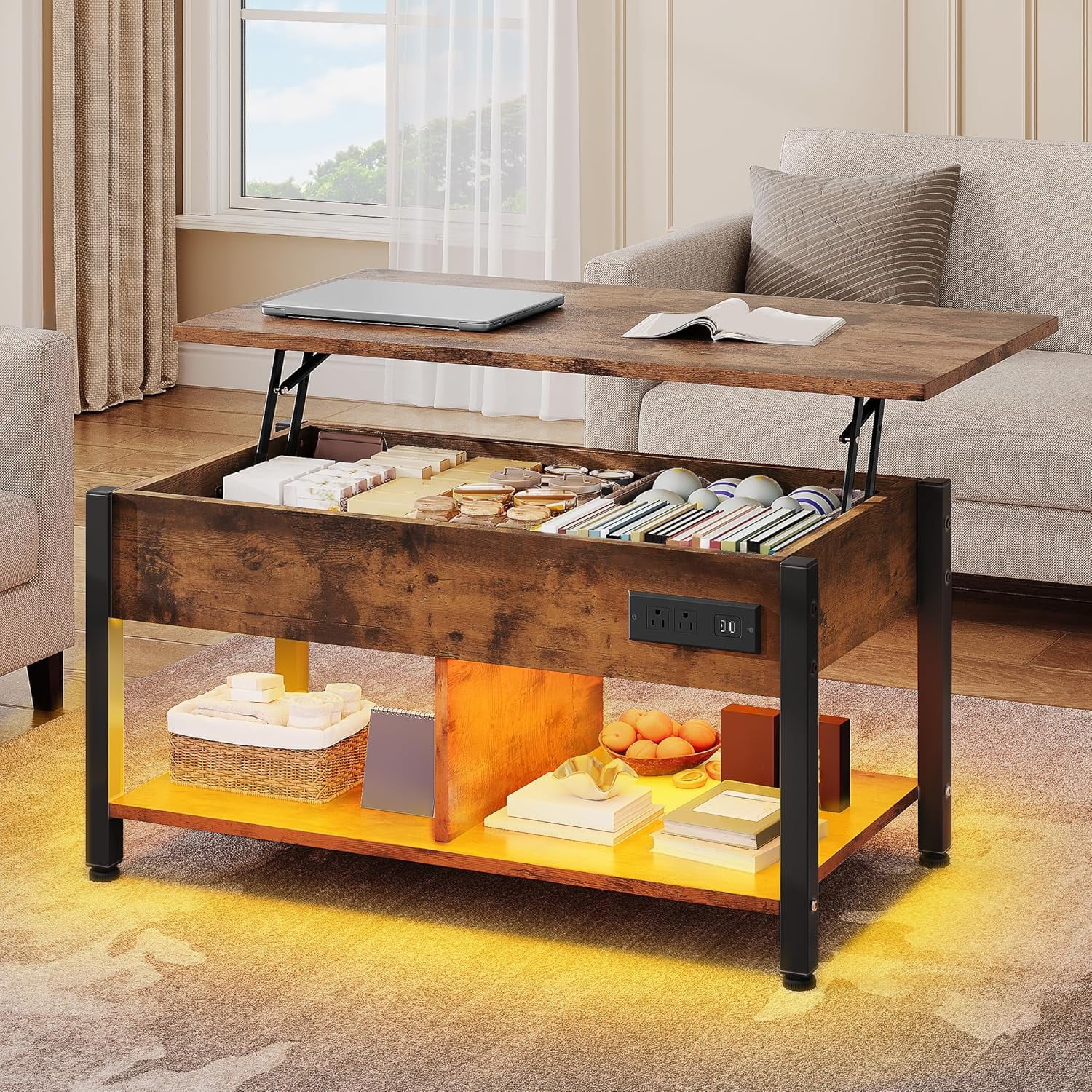 Lift Top Coffee Table with RGB Light, 3-in-1 Coffee Table with Power ...