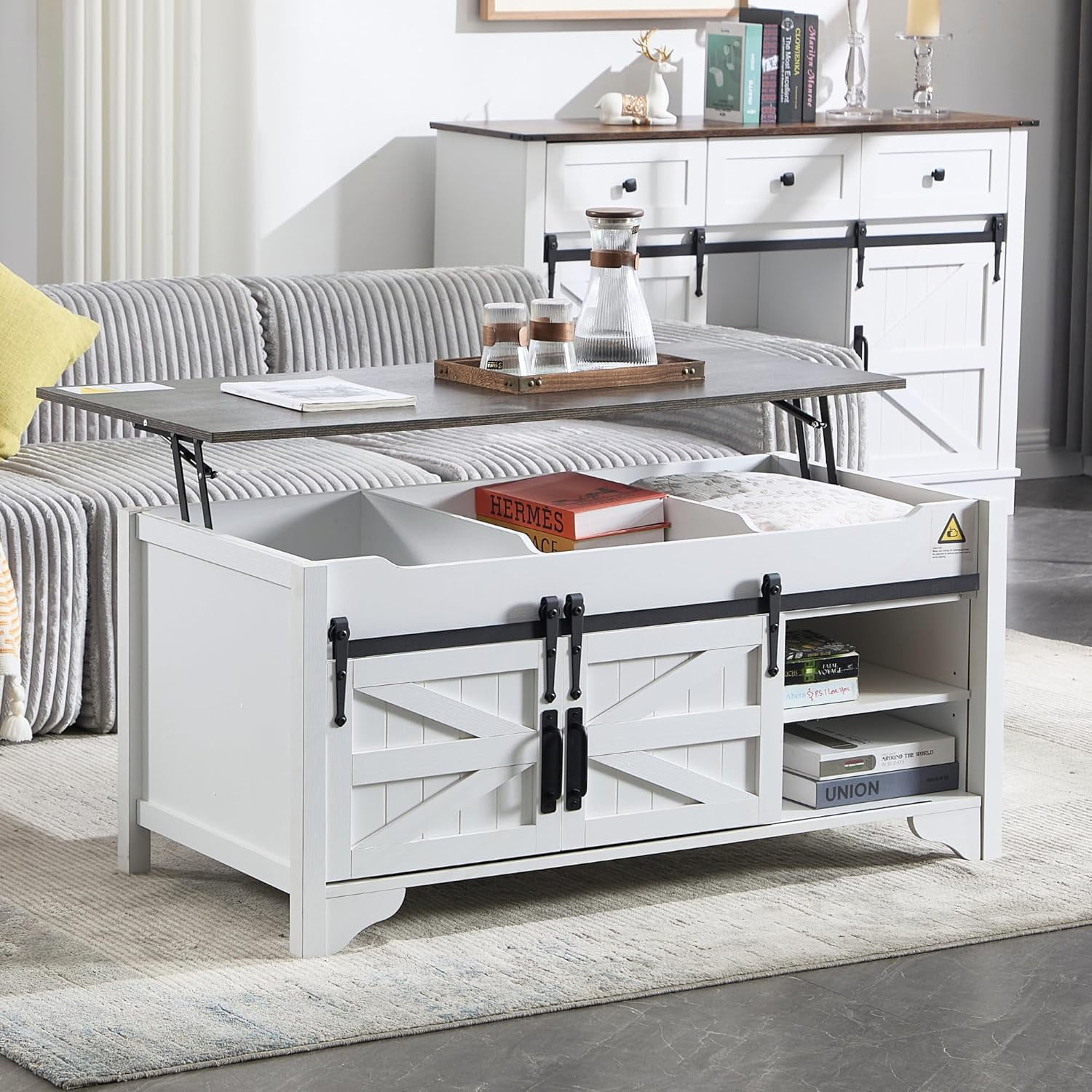 Lift Top Coffee Table with Sliding Barn Door 47.64" W Rustic Storage ...