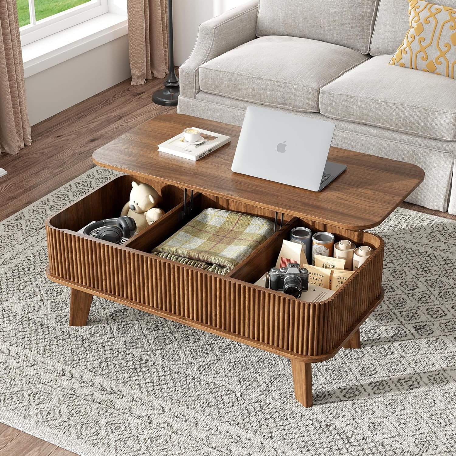 Lift Top Coffee Table with Storage Compartment, Fully Assembled Wooden ...
