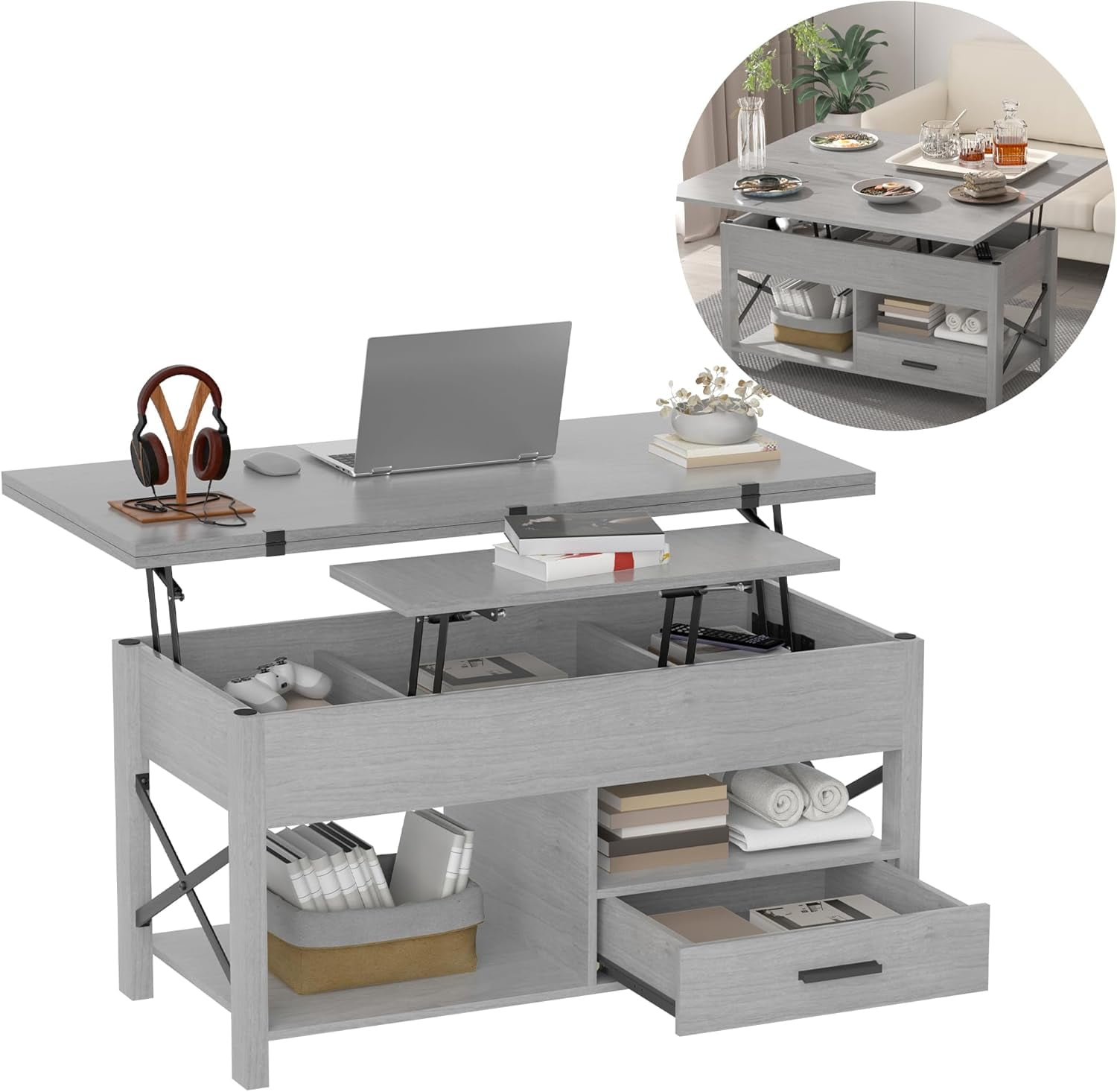 Lift Top Coffee Table with Storage, Convertible Coffee Table Converts ...