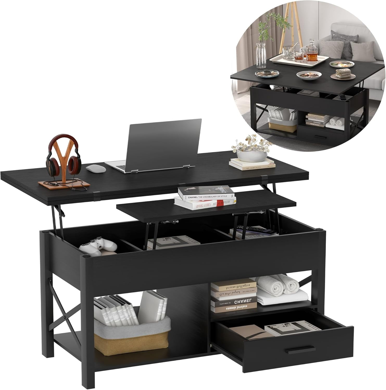 Lift Top Coffee Table with Storage, Convertible Coffee Table Converts ...