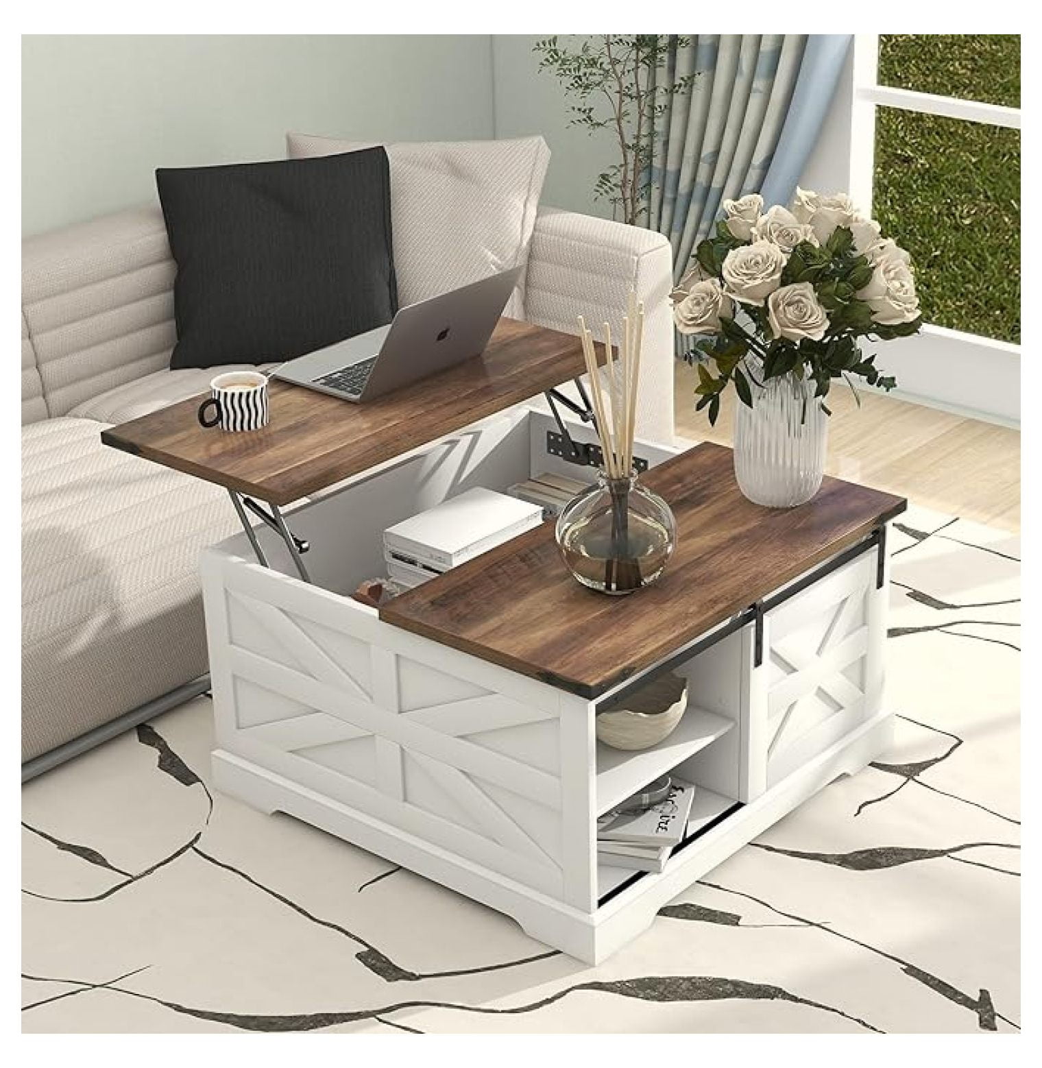 Lift Top Coffee Table with Storage,Rustic White Farmhouse Coffee Table ...