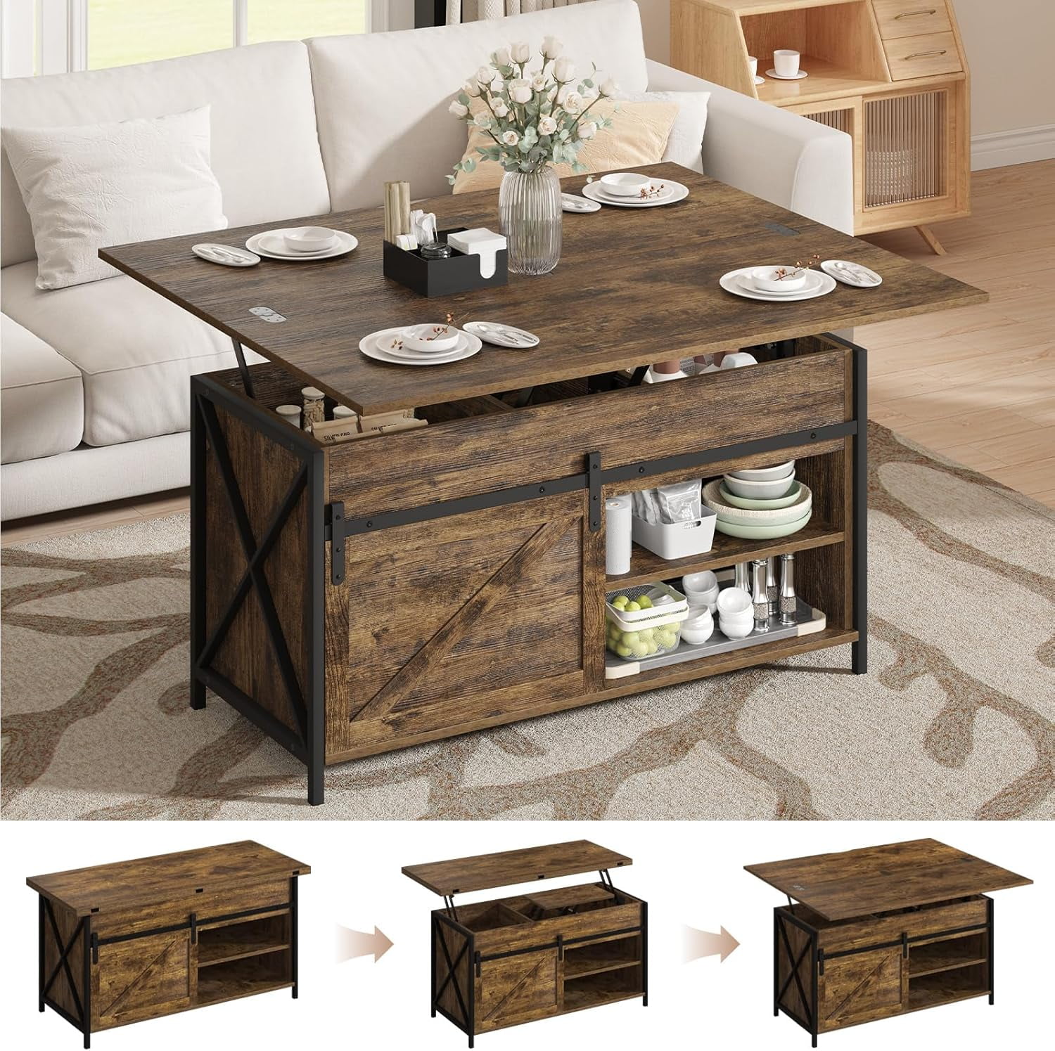 Lift Top Coffee Table with Storage and Sliding Door, 4 in 1 Multi ...