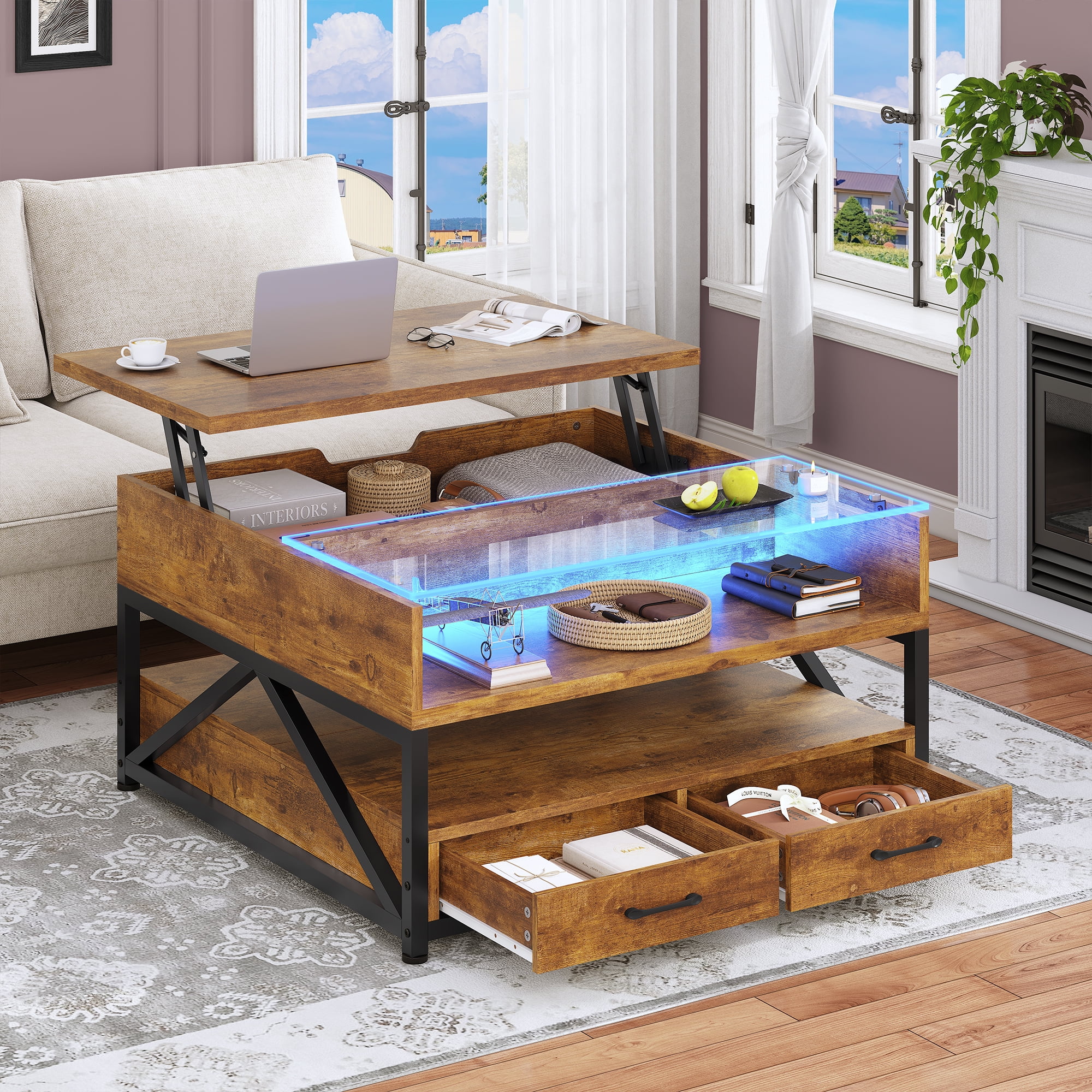 Lift Top Coffee Table for with LED Light&Drawers for Living Room ...