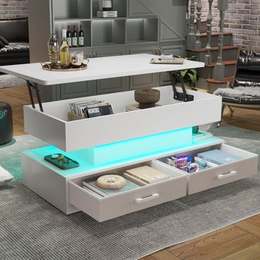 Lift Top Coffee Table with Charging Station, LED Lights, Drawer, and ...