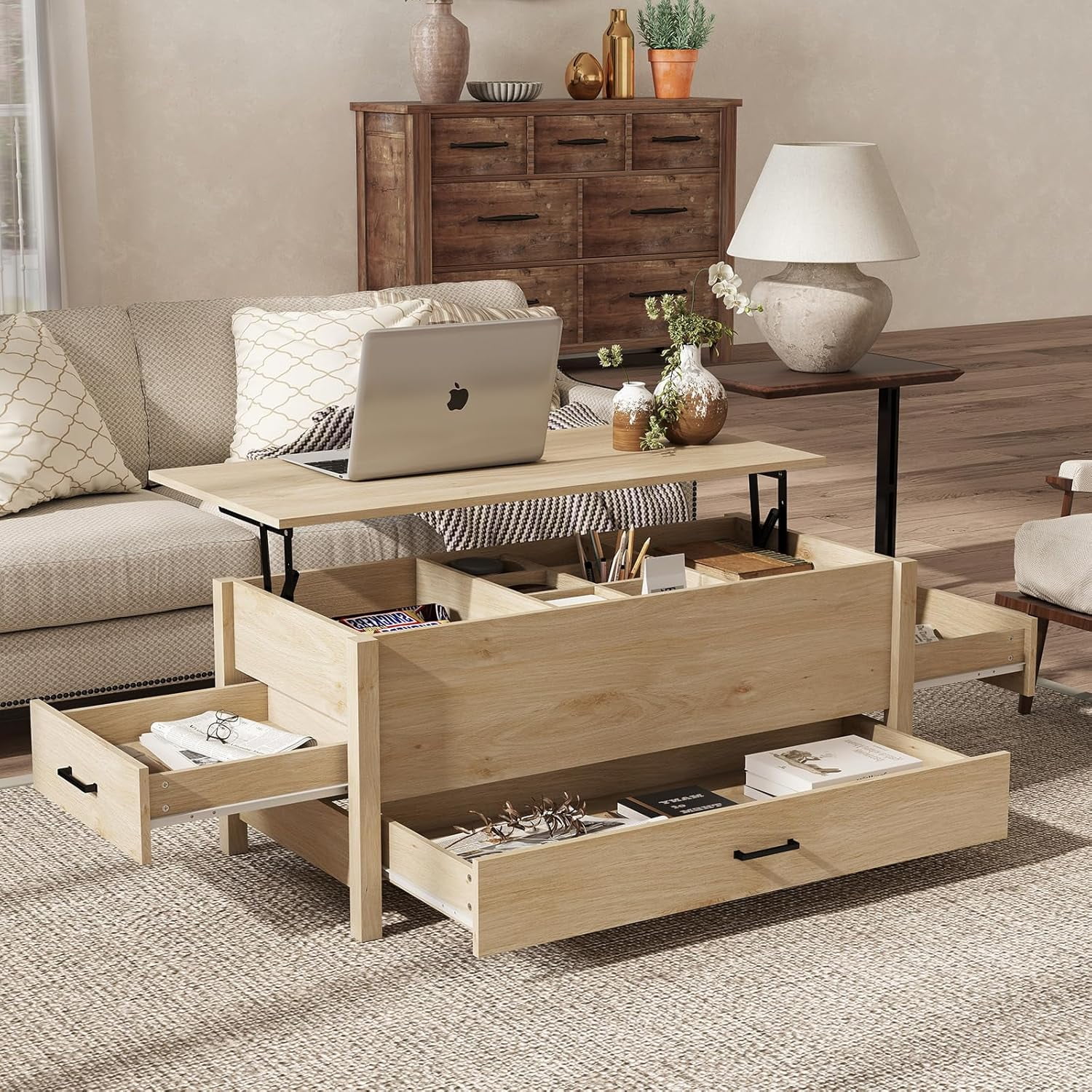 Lift-Top Coffee Table with 3 Drawers and Hidden Compartments, Solid ...