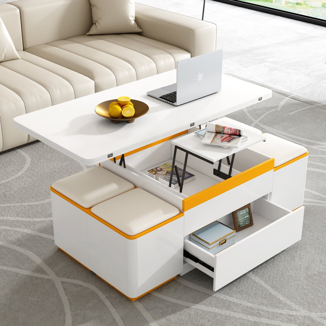 Lift Top Coffee Table with 4 PU Storage Stools, 47" Wooden Center Table ...