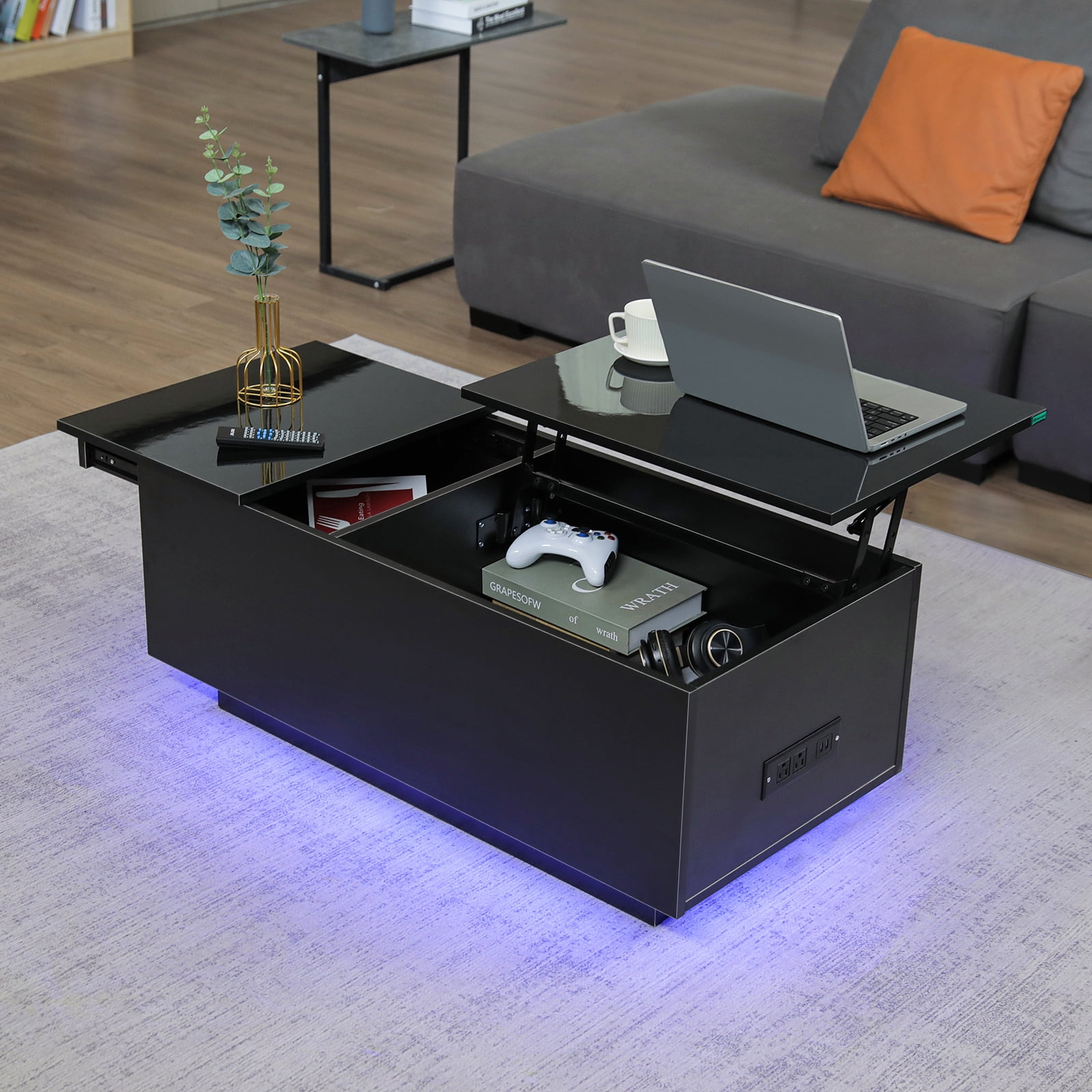 Lift Top Coffee Table with Charging Station, LED Lights, Drawer, and ...