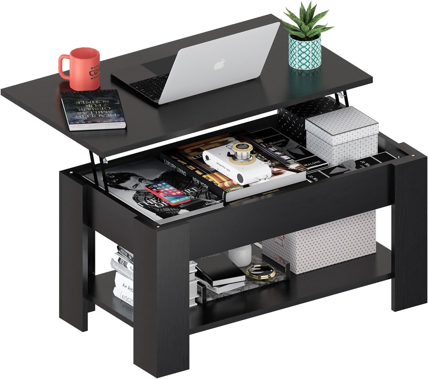 Lift Top Coffee Table with Hidden Storage Compartment & Open Shelves ...