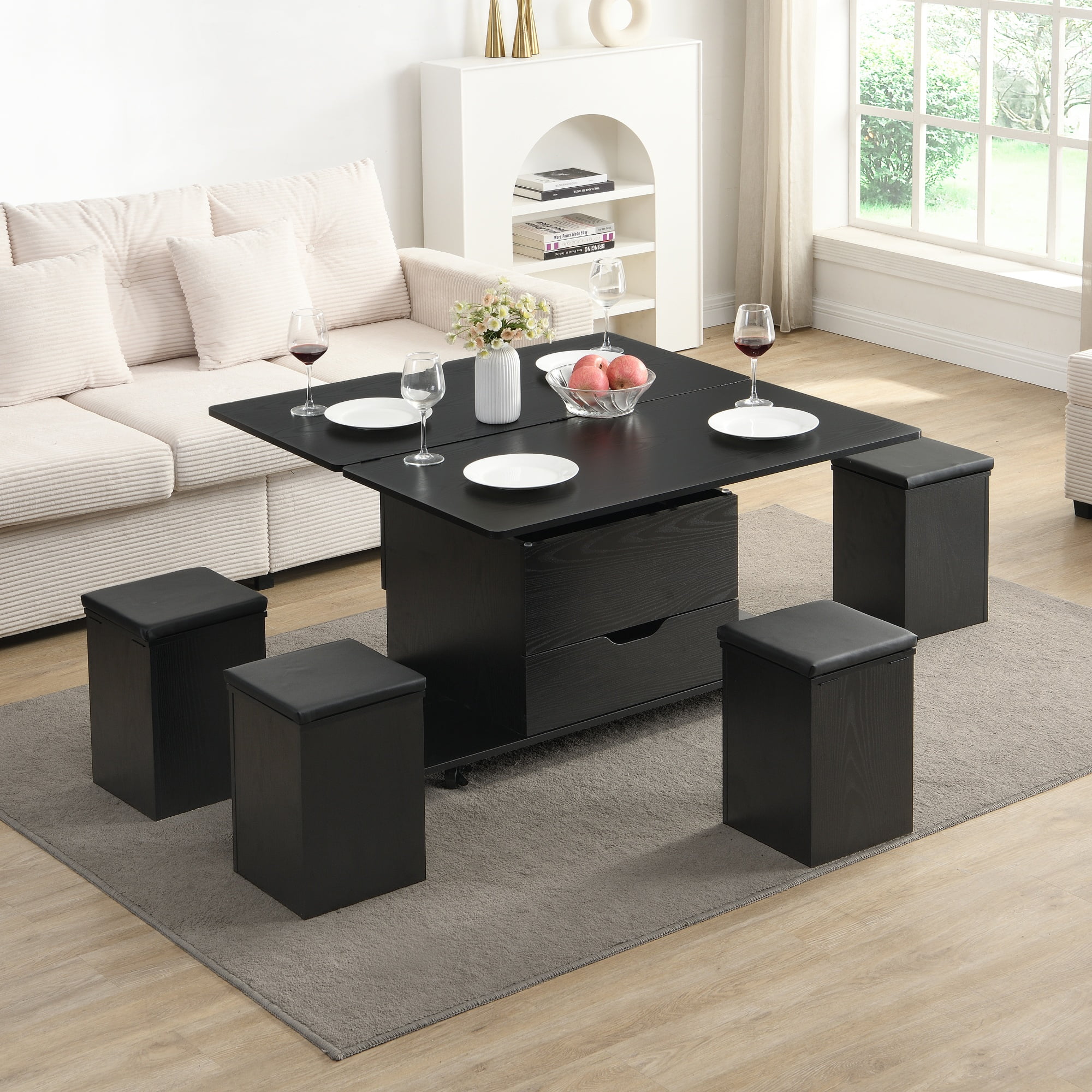 Lift-Top Coffee Table with Hidden Storage and 4 Stools, Multi ...