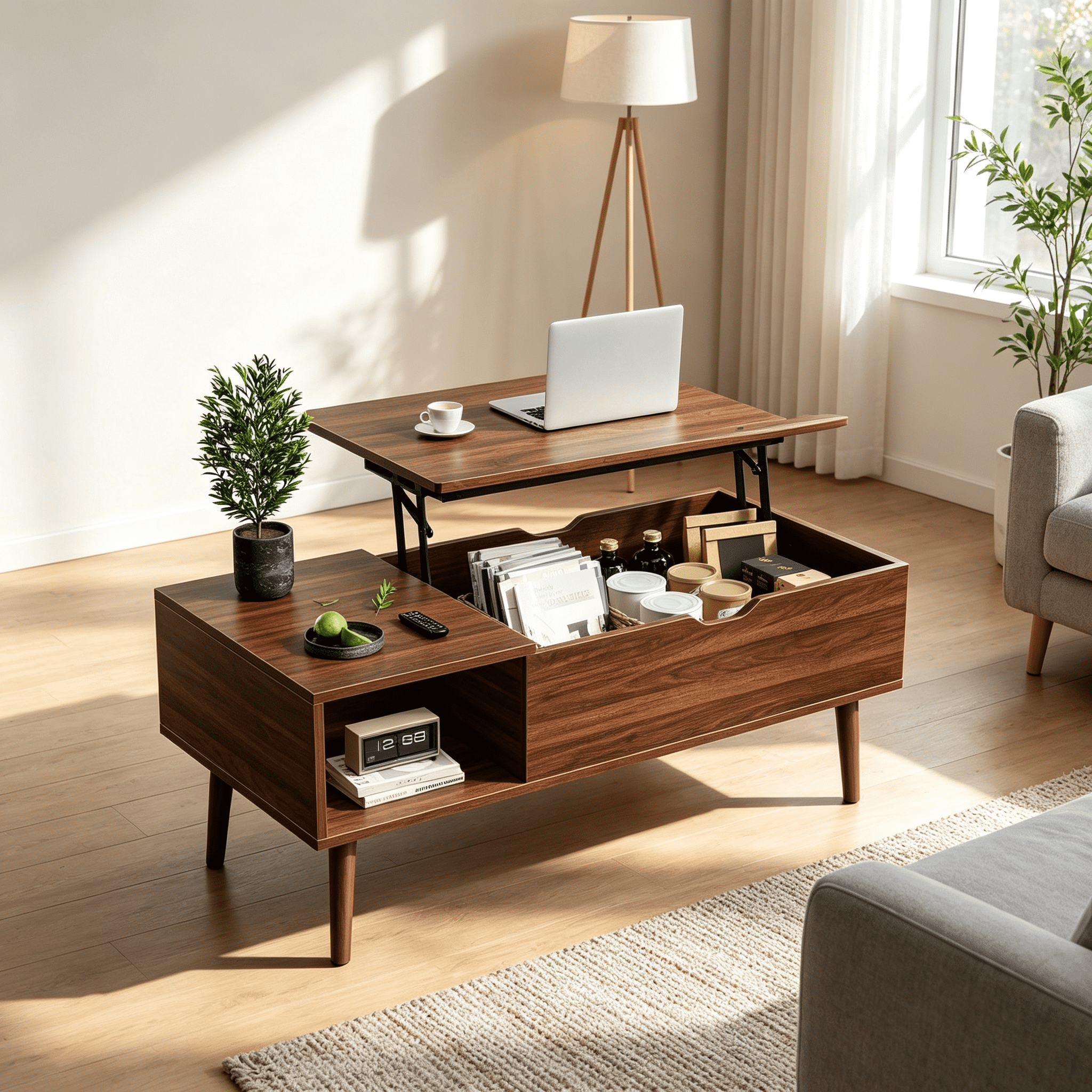 Lift Top Coffee Table with Hidden Storage and Side Shelves, Wood and ...