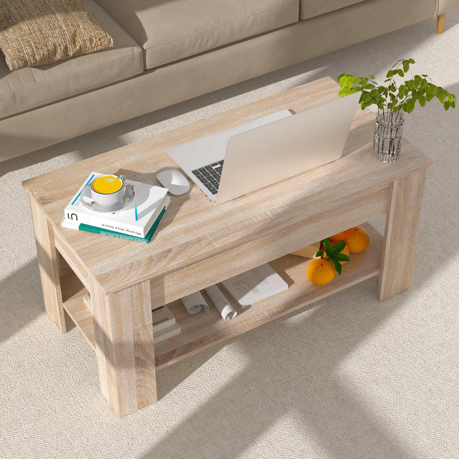 Lift Top Coffee Table with Storage: Rustic Wood Console & Hidden Desk ...