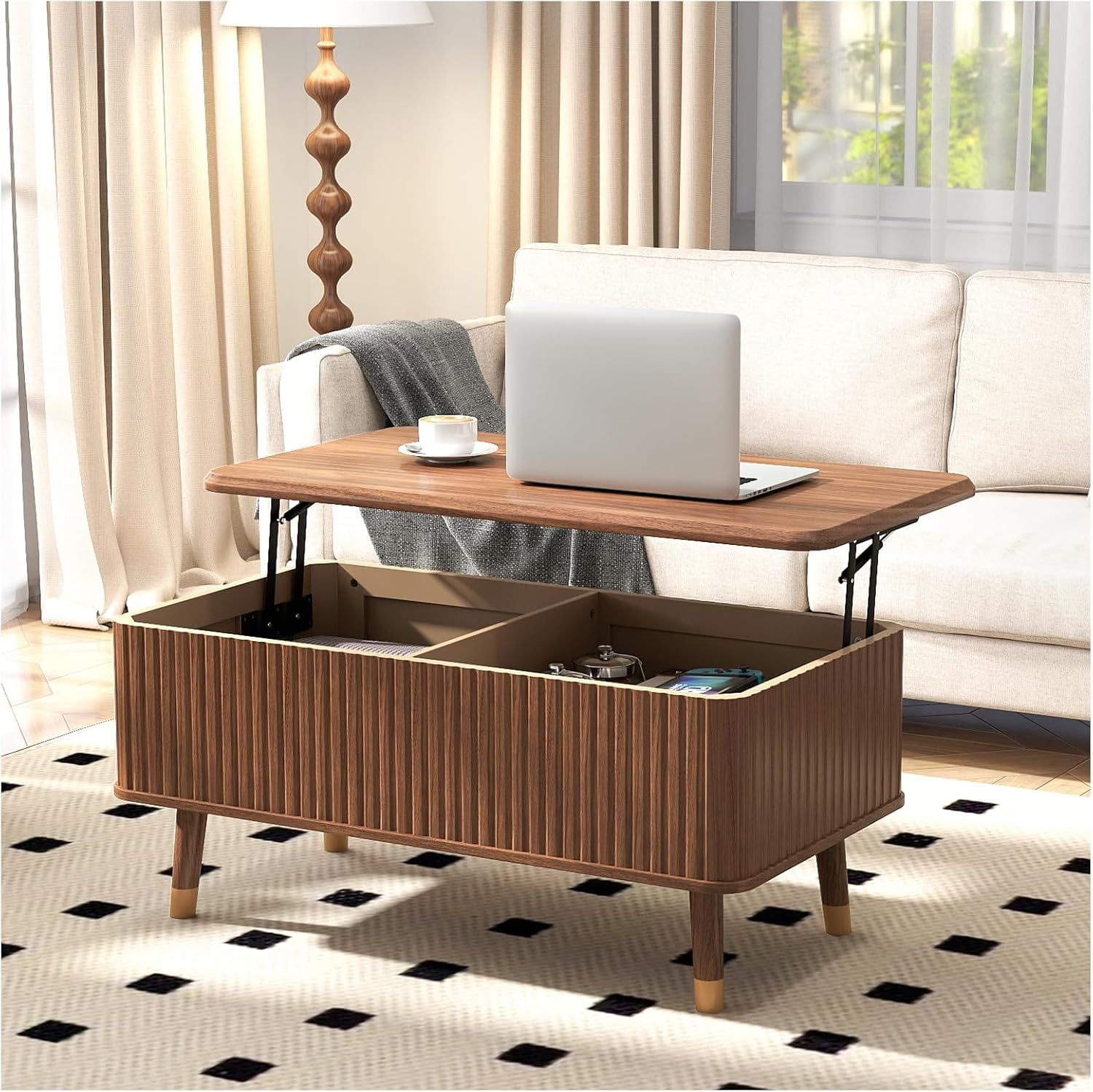 Lift Top Coffee Table with Storage Shelf & Hidden Compartment, Mid ...