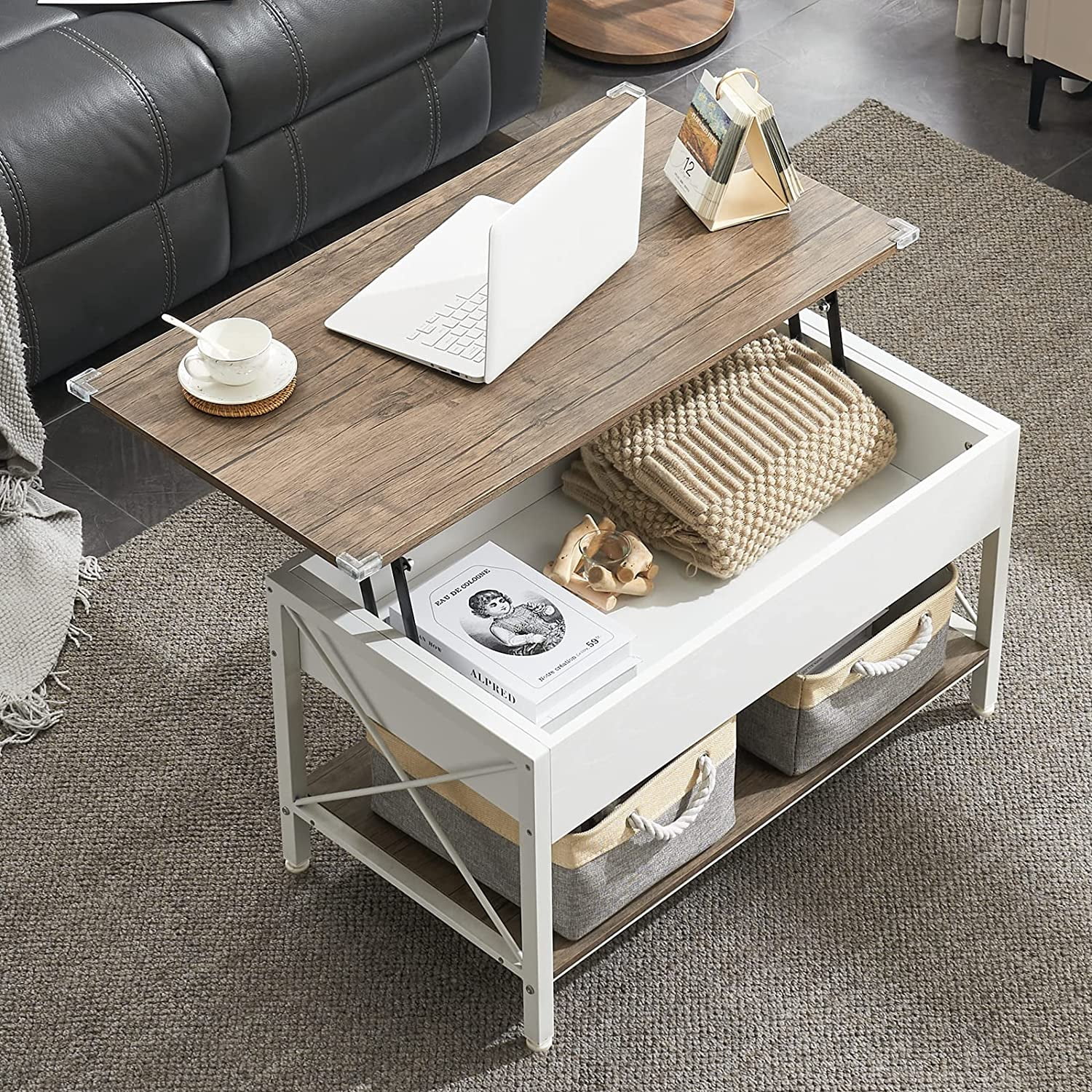 Lift Top Coffee Table with Two Free HQ Cloth Bins Storage, Farmhouse ...