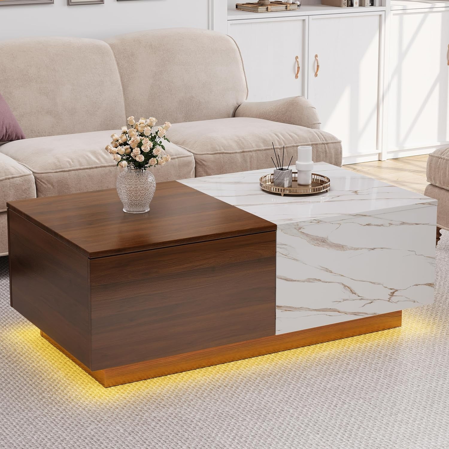 Lift Top Coffee Tables for Living Room, 43" LED Wooden Center Tables ...