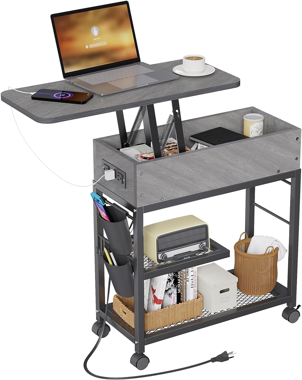 Lift Top End Table with Charging Station and Wheels, Sofa Side Table ...