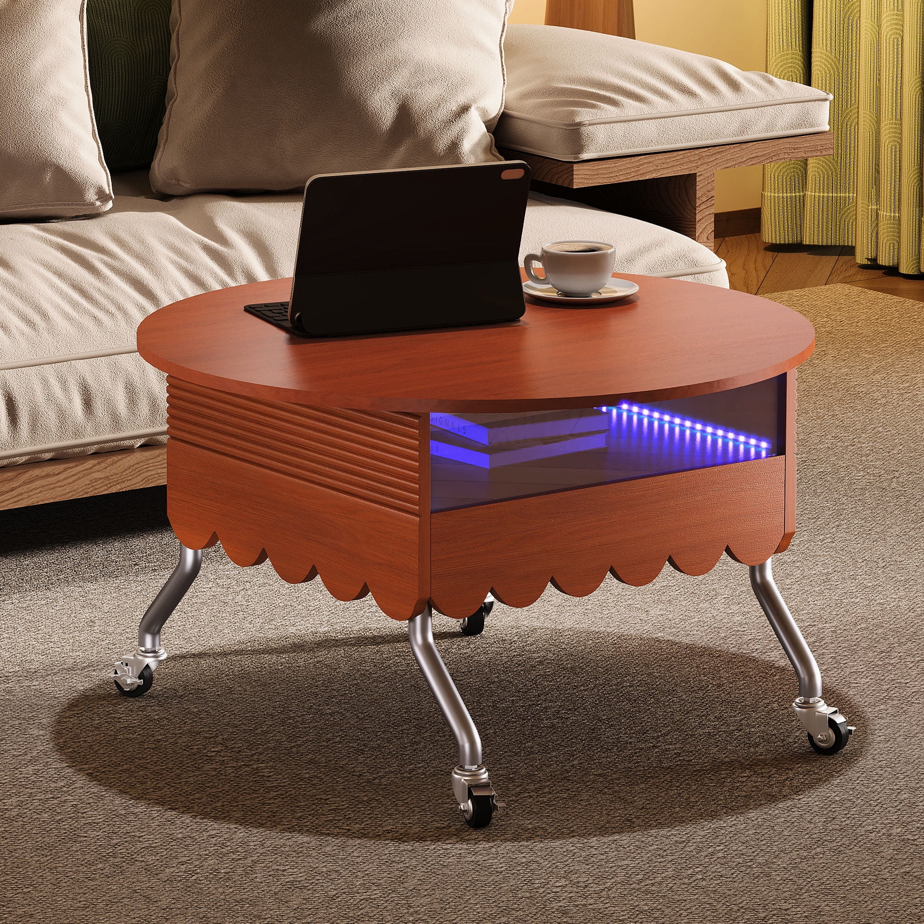 Lift-Top Round Coffee Table with Wheels & Lighting | Lift for ...