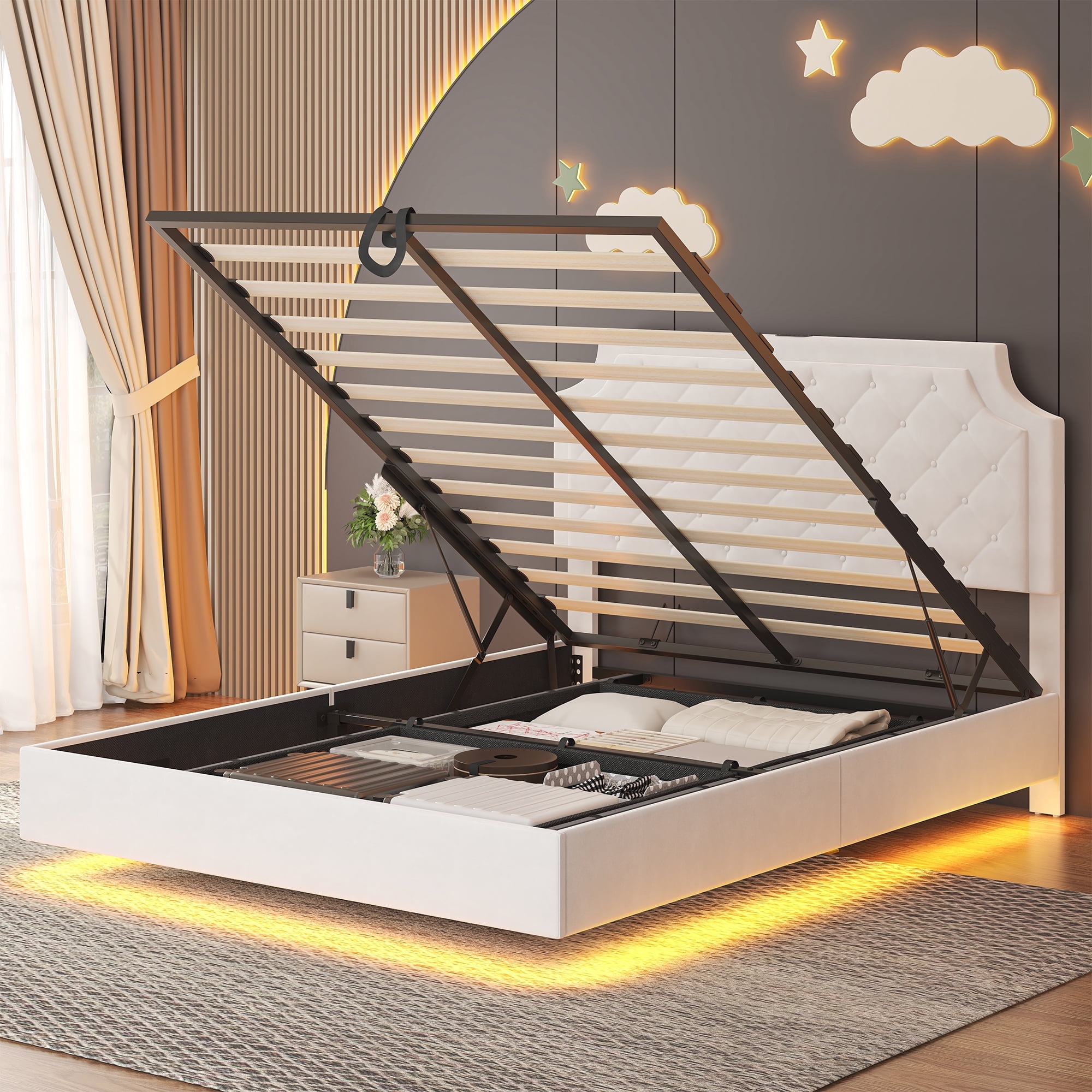 Lift Up Full Size Bed Frame with Storage Floating Bed Frame with ...