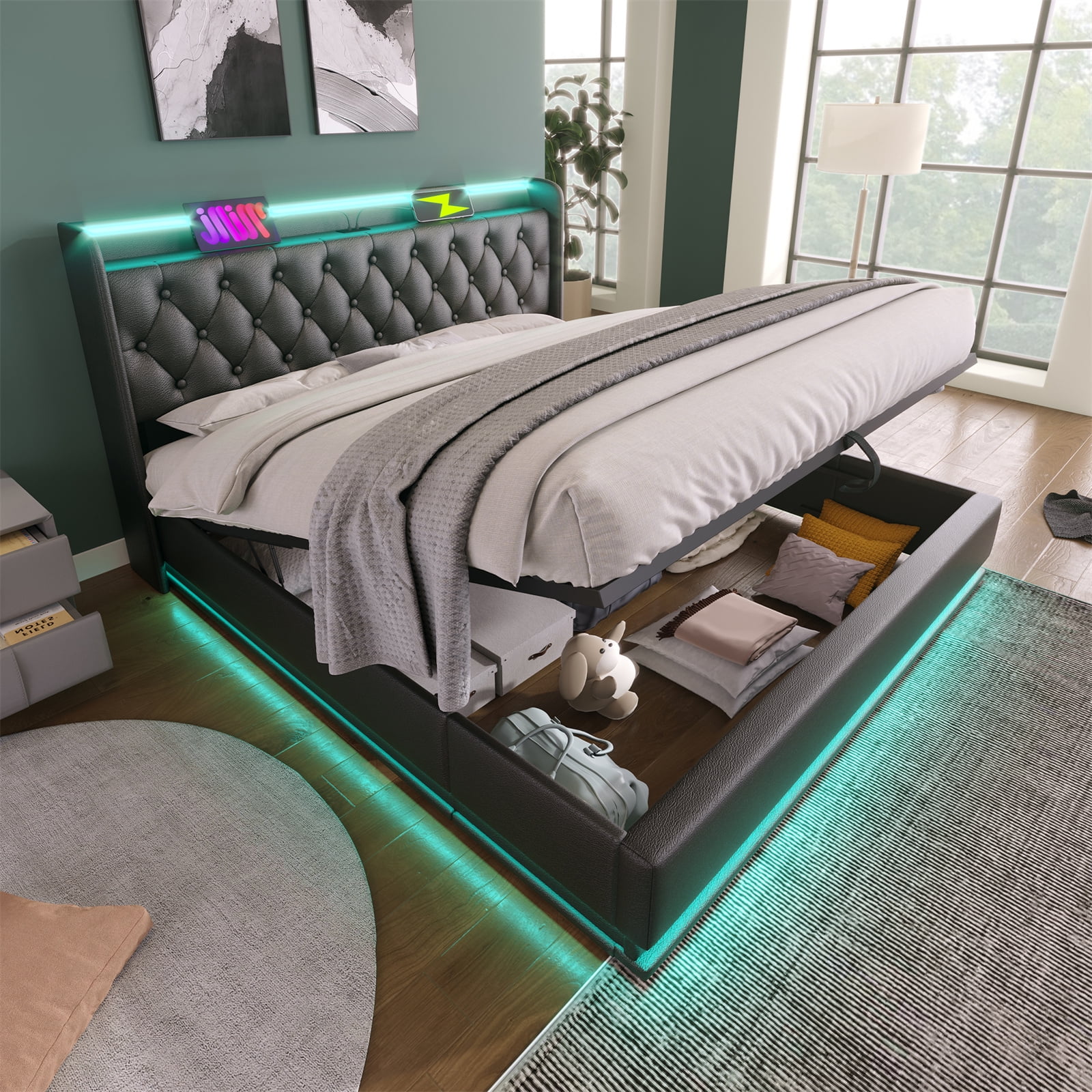 Lift Up Storage Bed Frame with 360 Surround LED Lights, Upholstered ...