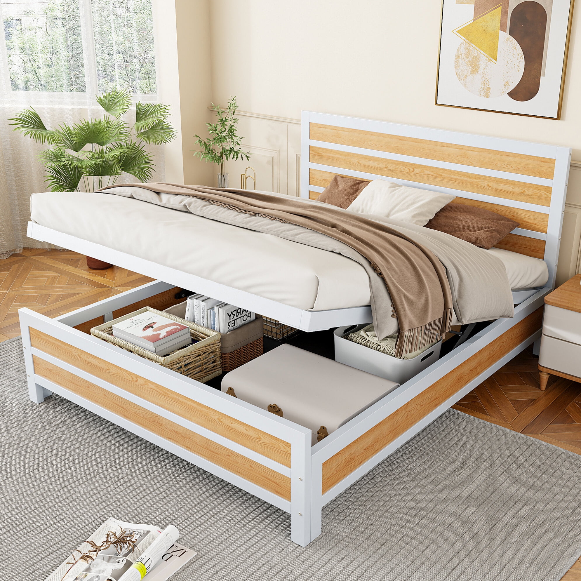 Lift Up Storage Bed Frame, Queen Size Metal Slats Platform Bed Frame ...