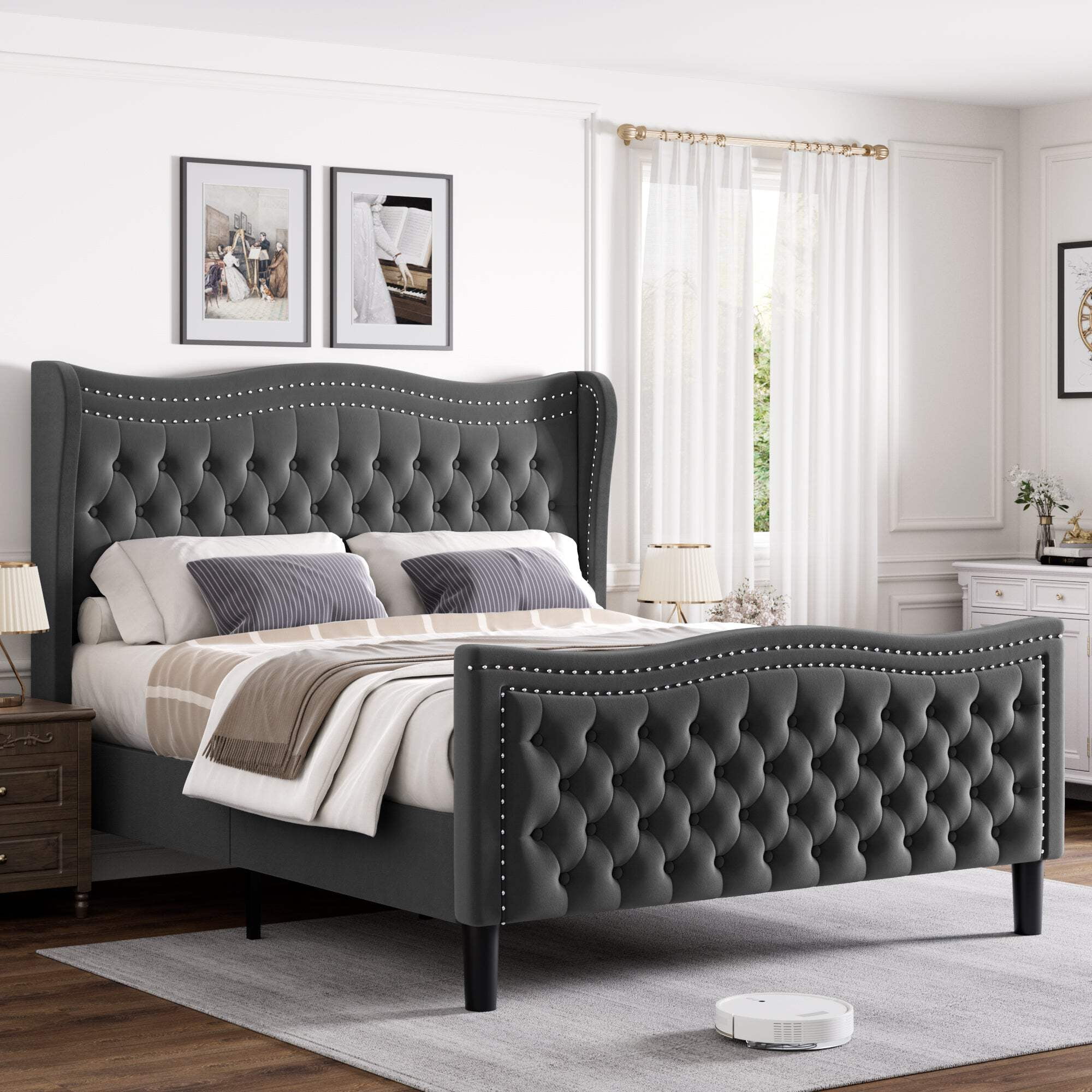 Lift Up Velvet Gray King Size Bed Box Spring Not Required King Gray ...