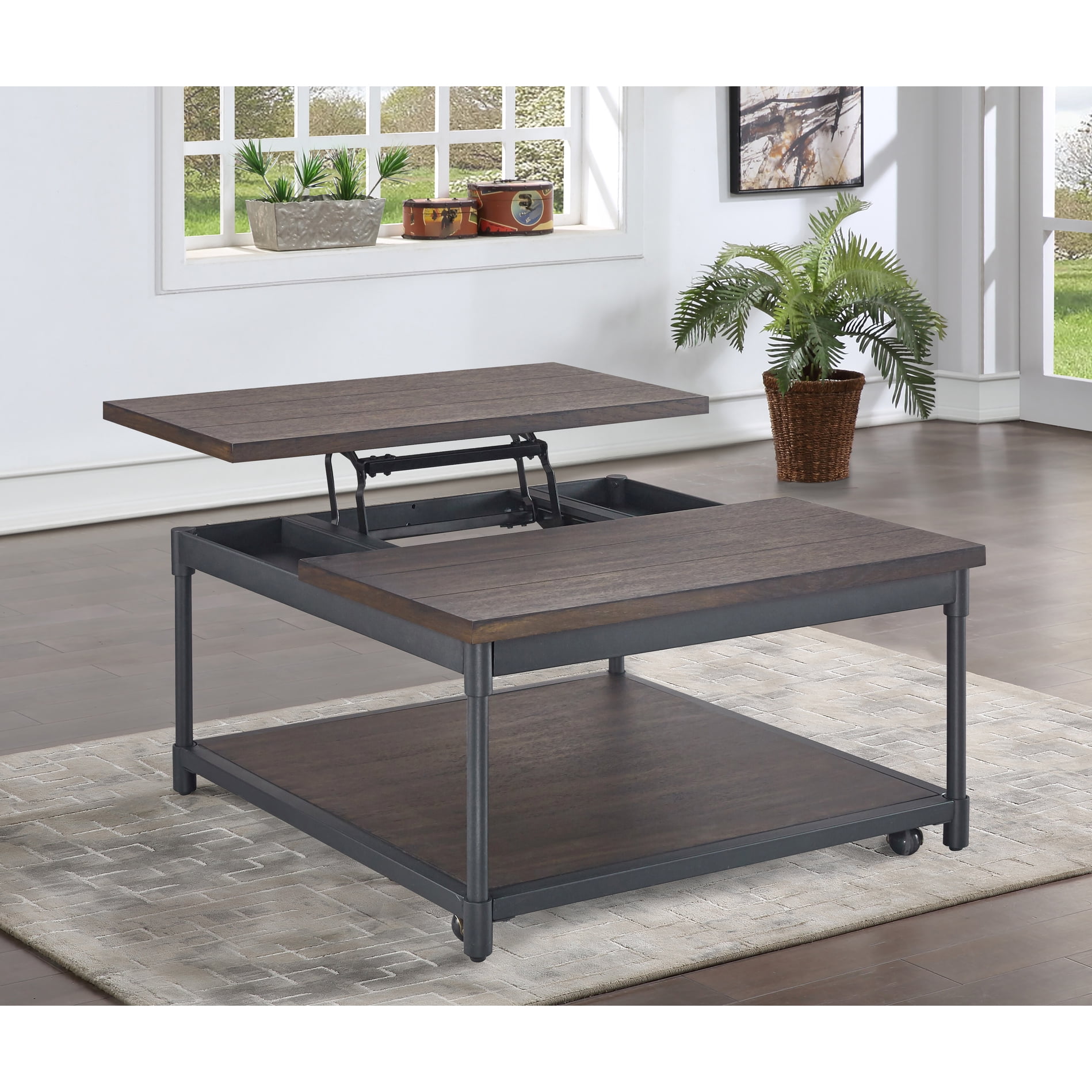 Lift-top Cocktail Table In Brown - Oak Veneers And Iron For Easy ...