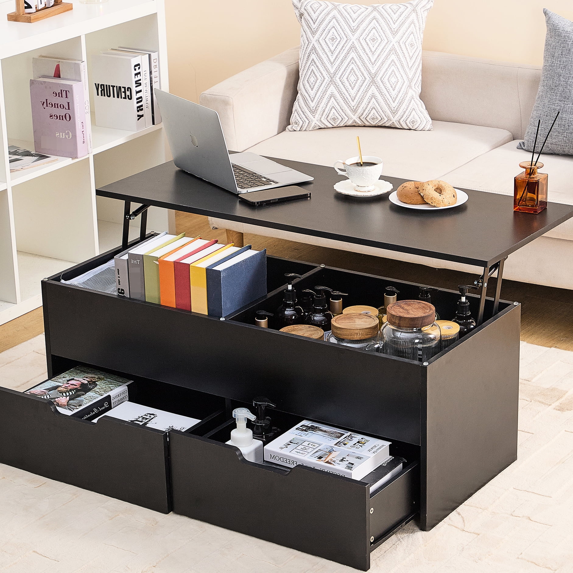 Lift-top Living Room Table Storage With Hidden Compartment: 2 Drawers ...