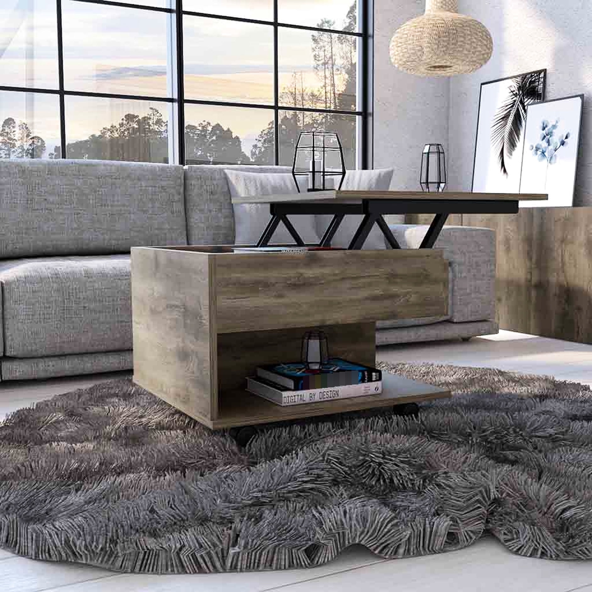 Lift top coffee table with dark brown finish, concealed storage and ...