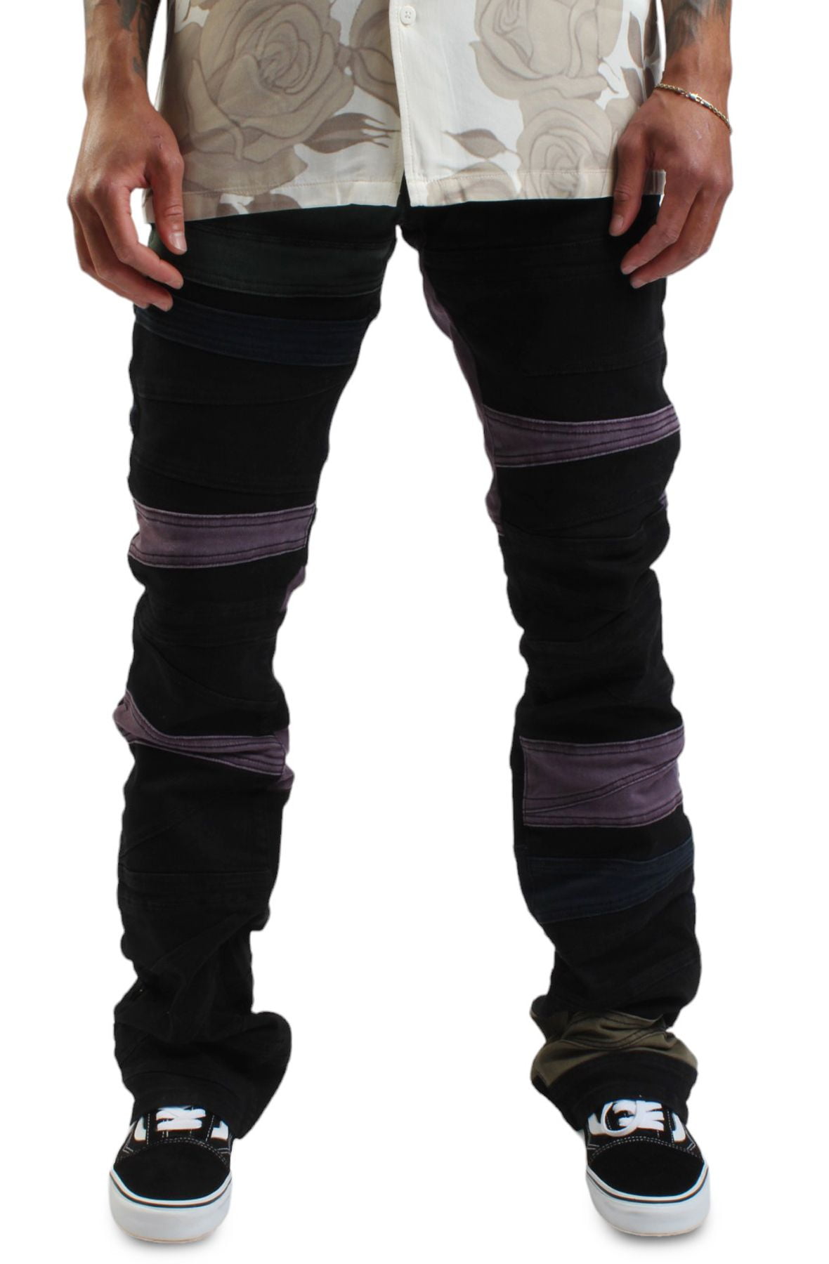 Lifted Anchors Men's Borg Color Panel Flared Leg Stacked Denim Jeans ...