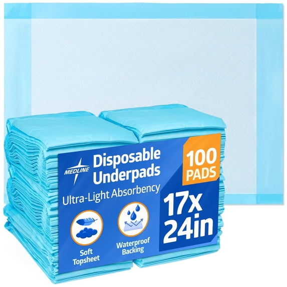 Light Absorbency Underpad, 17" x 24", 100 Count, Disposable Chucks, Bed ...
