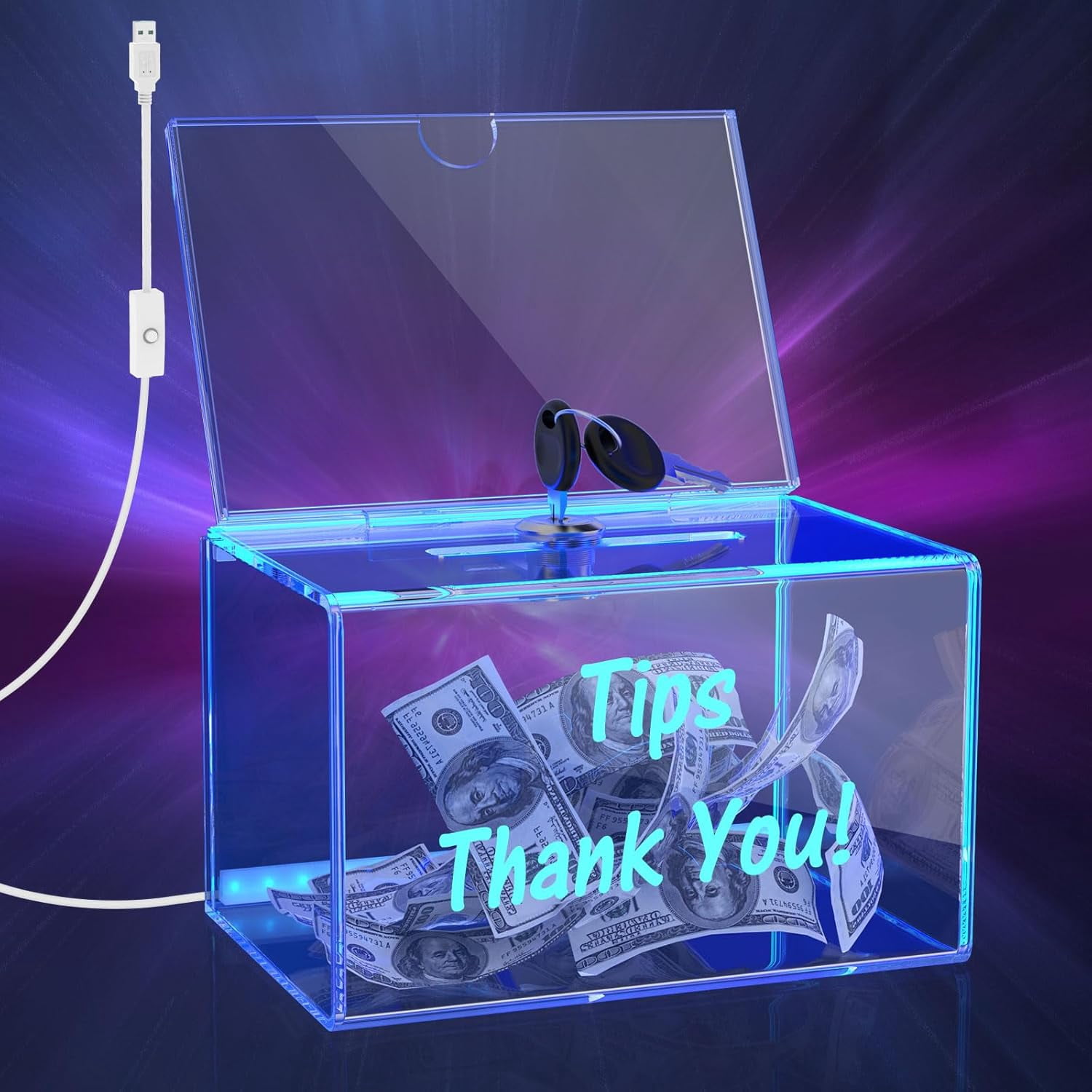 Light Up Acrylic Tip Jar, Detachable Lighted Tip Money Box for Bar ...