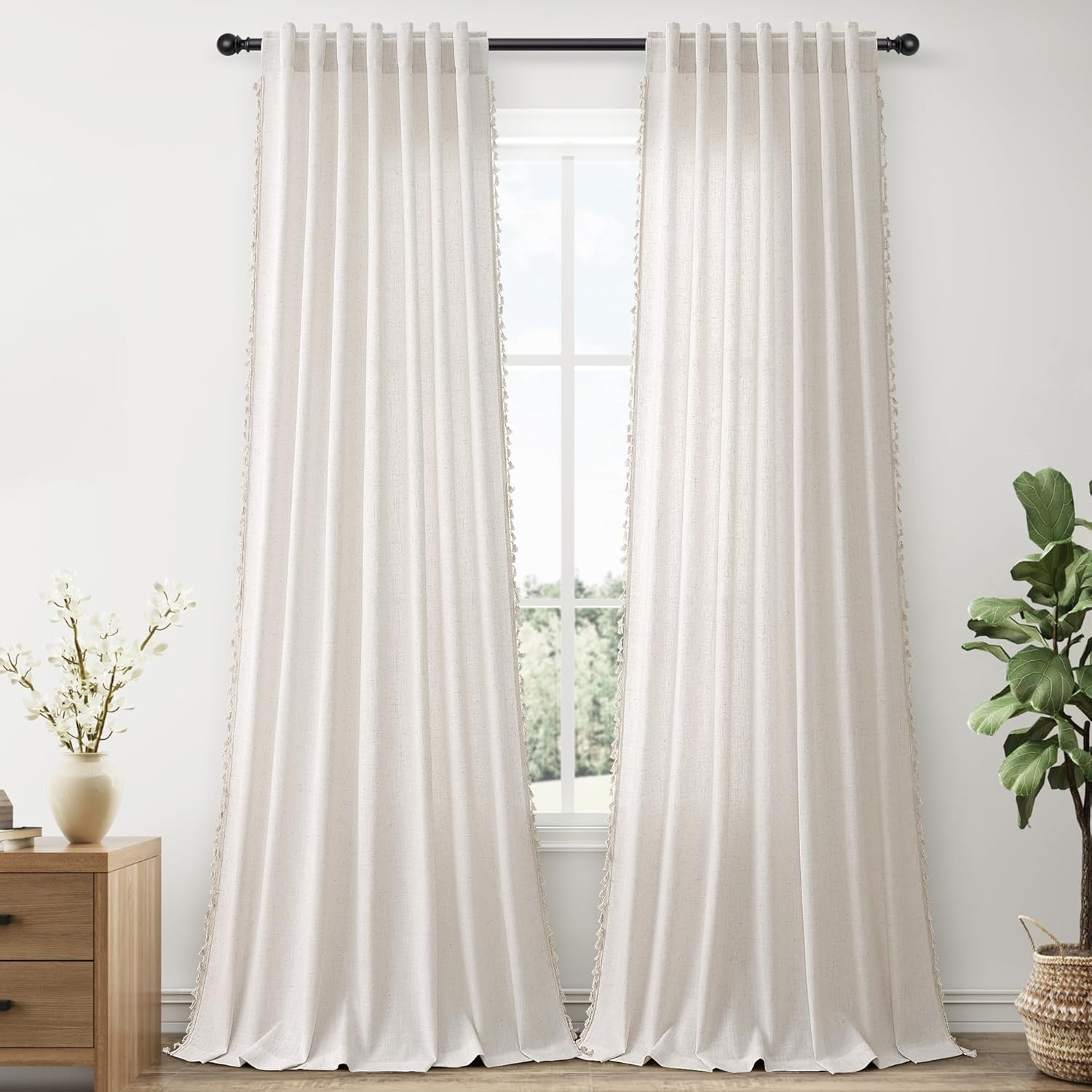 Light Beige Boho Linen Textured Curtains 108 Inches Long 2 Panels ...