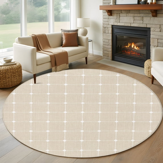 Light Beige Checkered 7FT Round Area Rugs for Living Room Modern ...