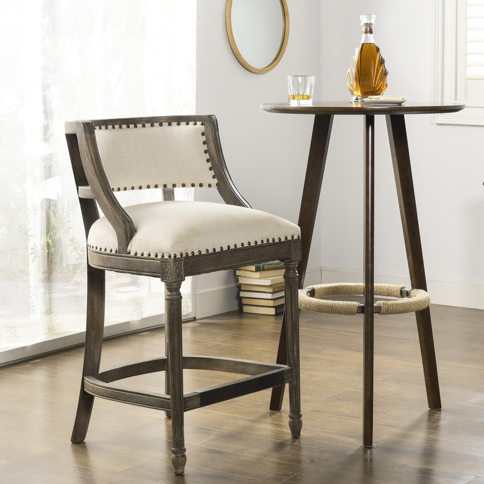 Light Beige Linen Farmhouse Stool | 26.5" Counter Height, Wood Grain ...