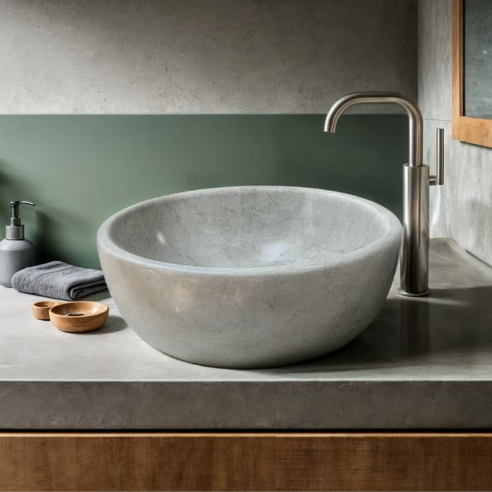 Light Beige Marble Vessel Sink – Handcrafted Round Bowl Bathroom Basin ...