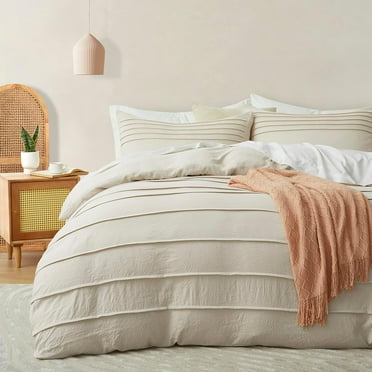 Boho King Size Duvet Cover Set, Washed Microfiber Beige Striped ...