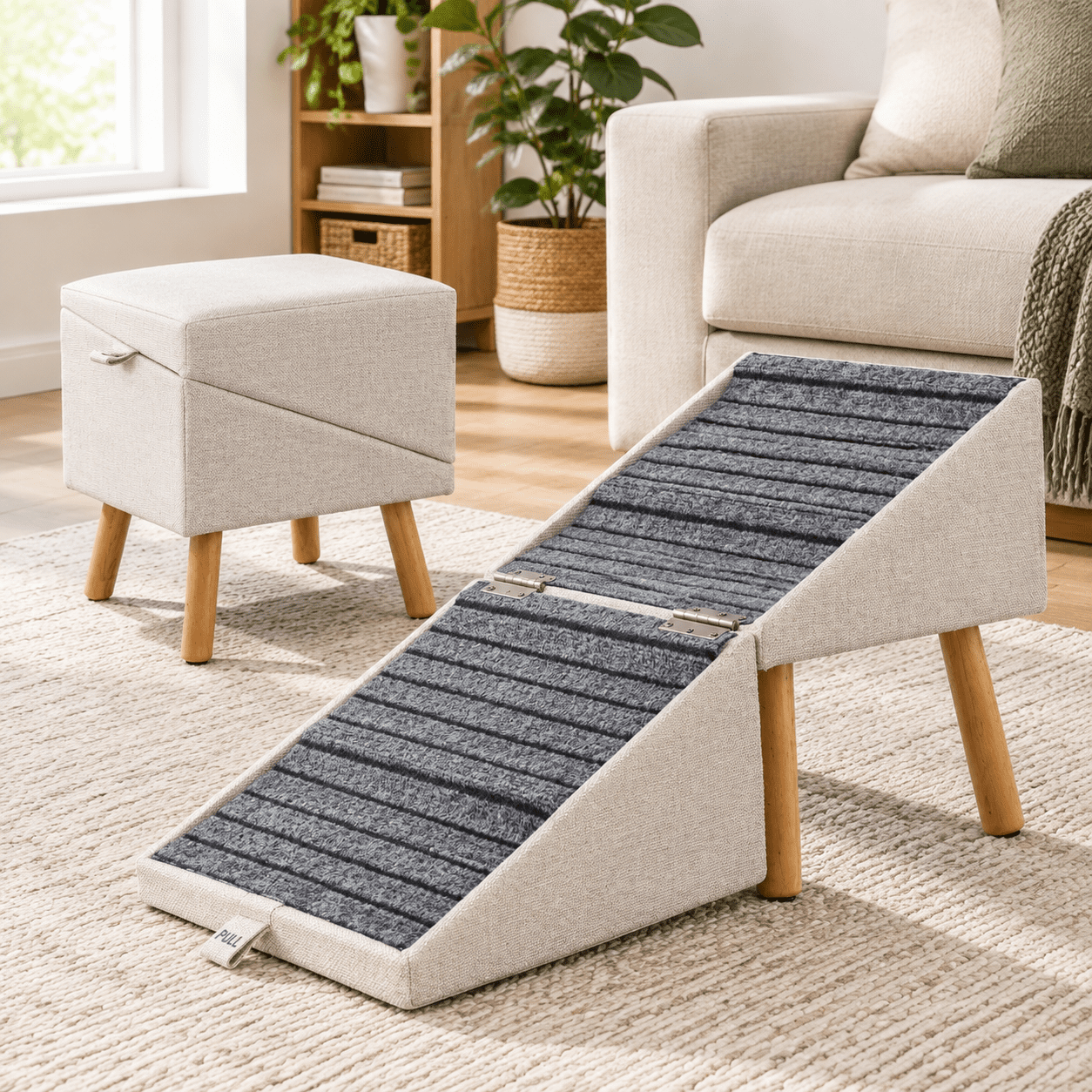 Light Beige XL(17.13”H) 2-in-1 Foldable Pet Stairs Ramp and Ottoman for ...