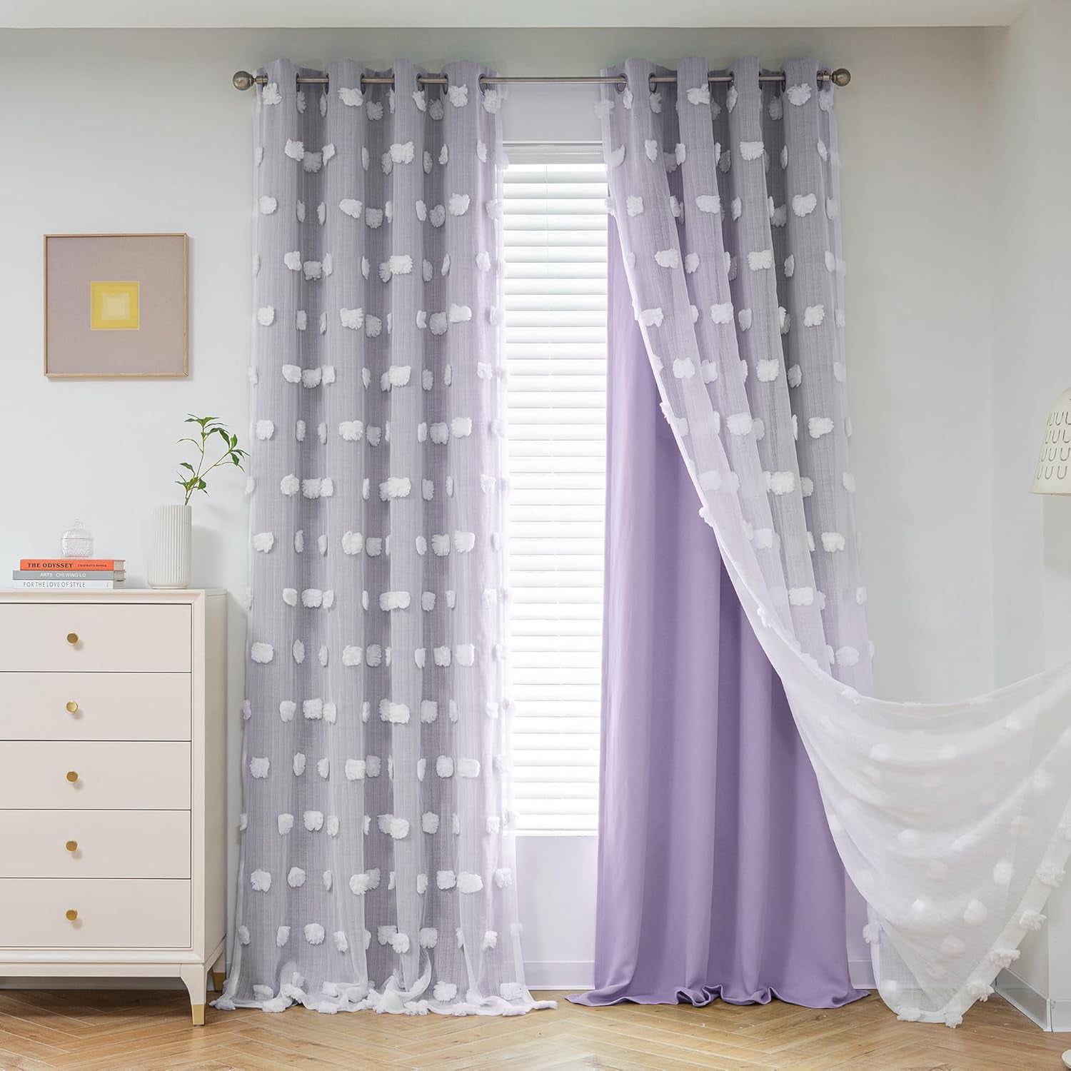 Light Blocking Lilac Curtains White Sheer Pom Pom Kids Room Decor ...