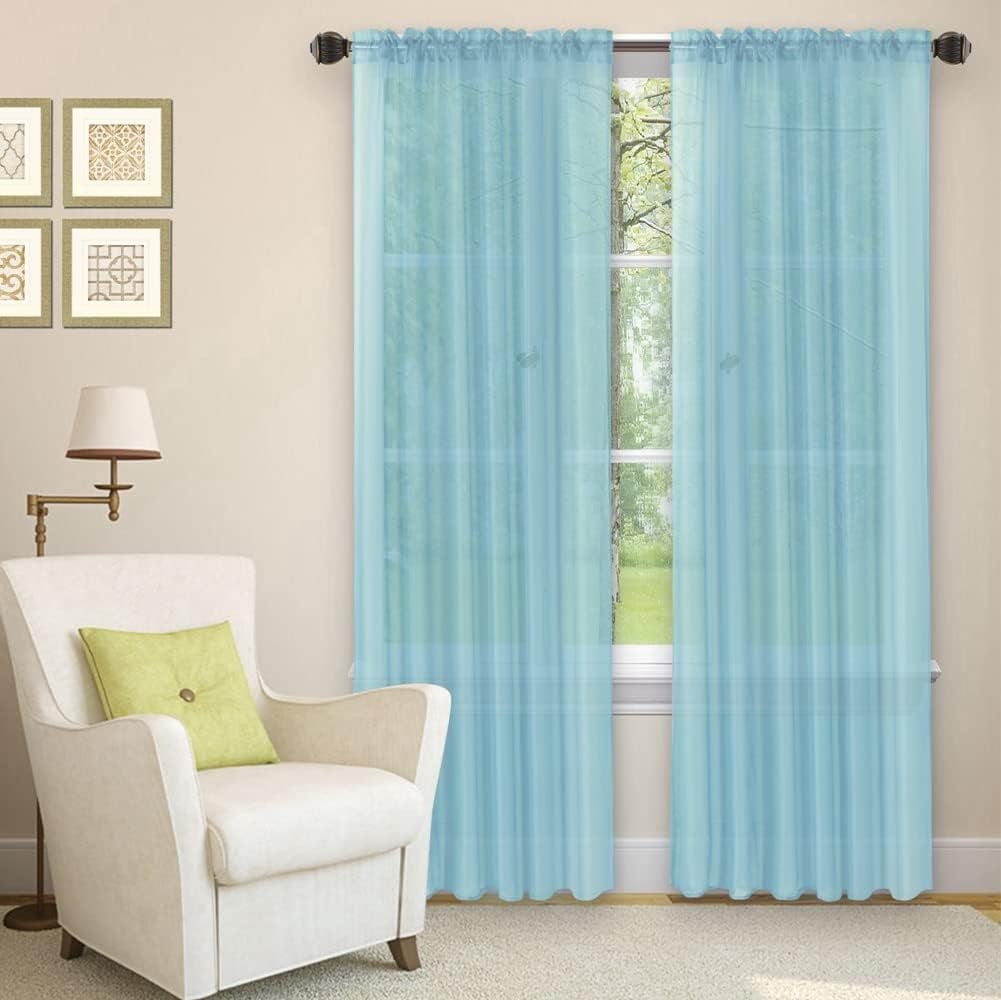 Light Blue 2 count Sheer Window Panel Set Solid Color Rod Pocket, 54" W ...